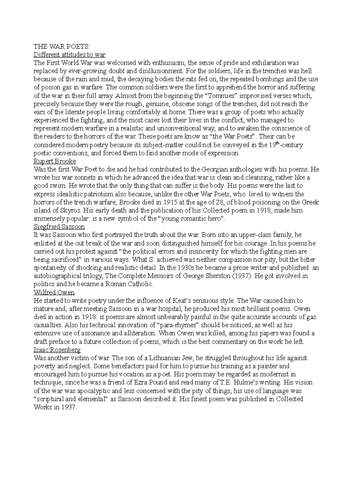 The war poets - Summary - Westminster - Studocu