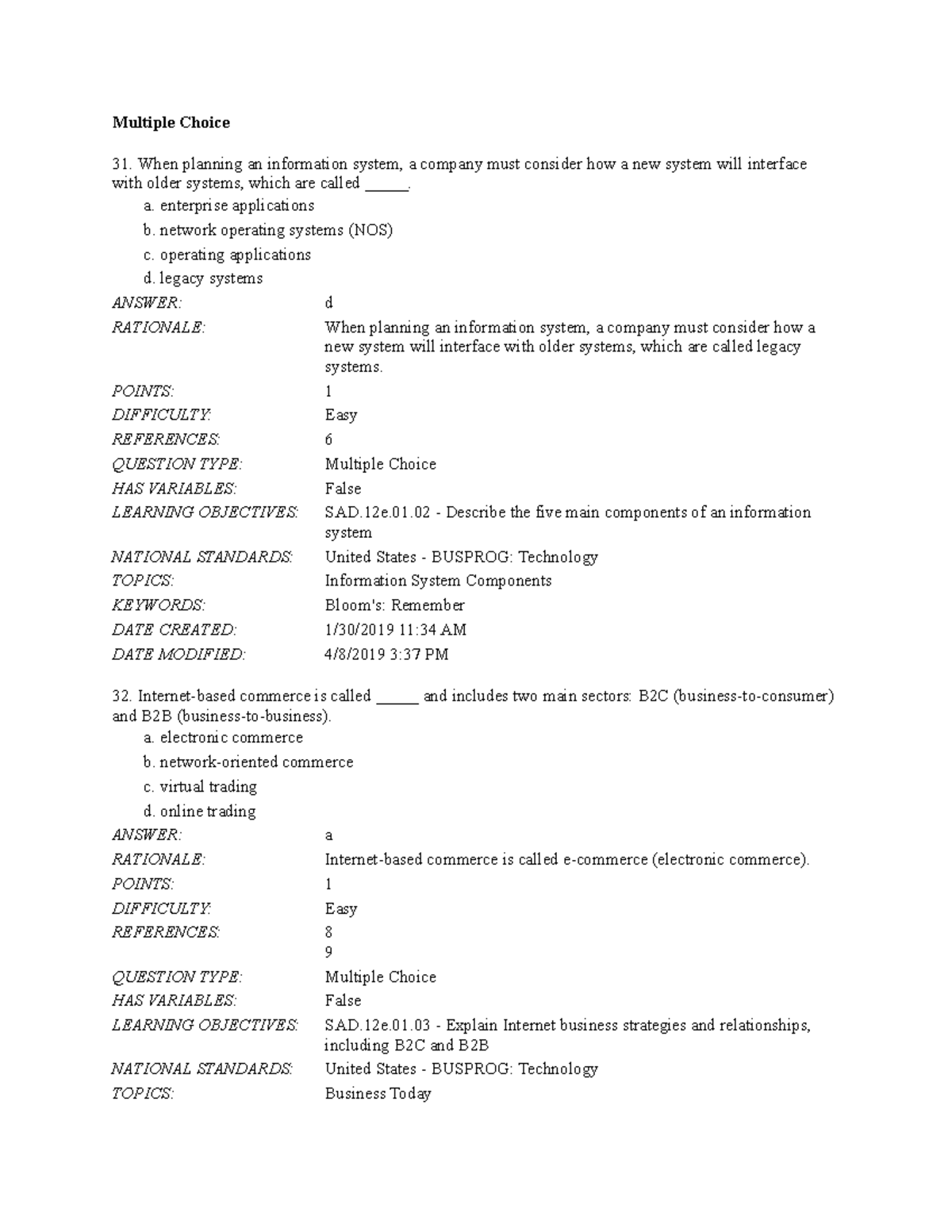 Chapter 01 Introduction to Systems Analysis and Design MCQ - Multiple ...