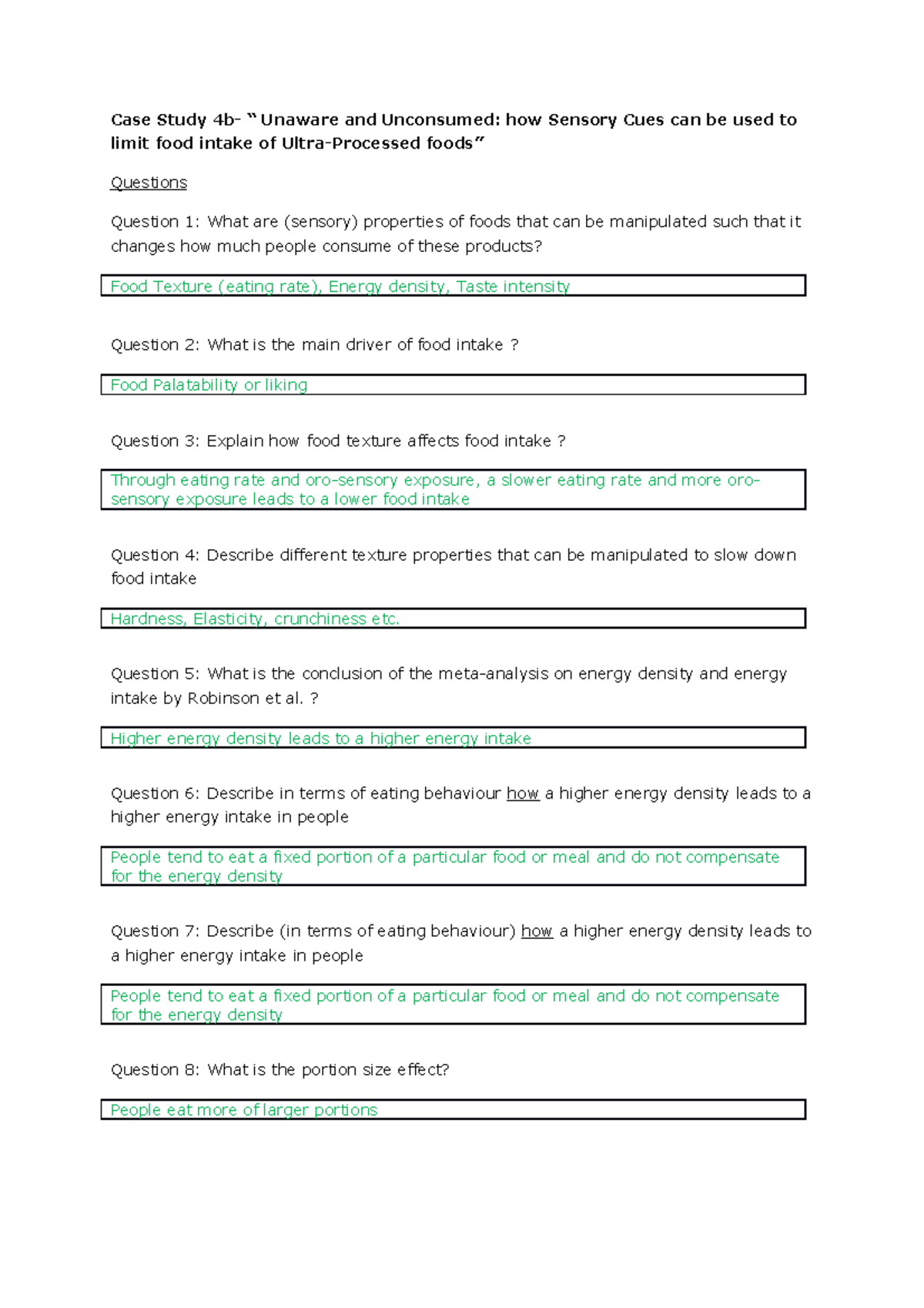 Case Study 4B Processed Foods Answer Model - Case Study 4b- “ Unaware and Unconsumed: how ...