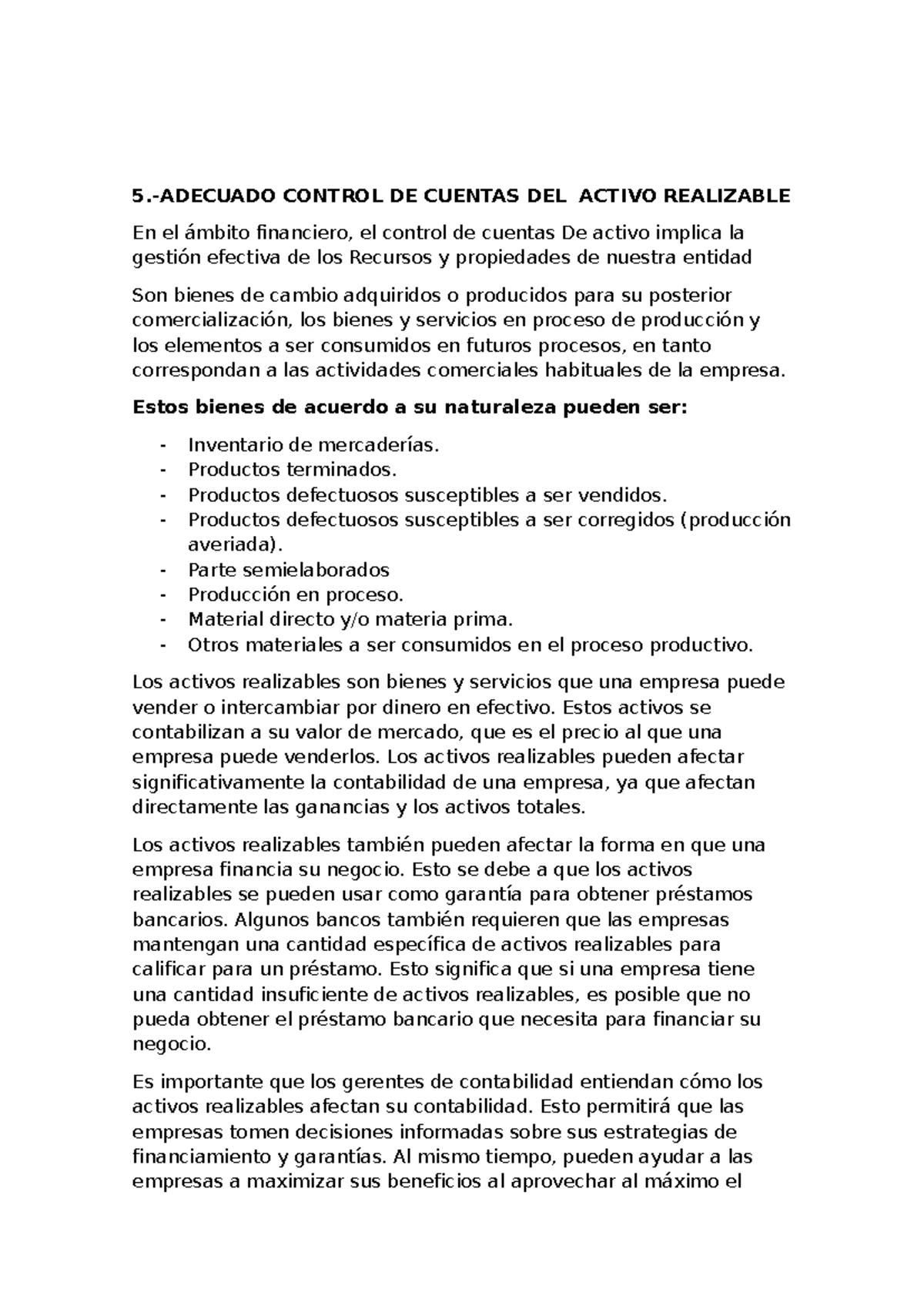 Punto 5 y 6 - 5.-ADECUADO CONTROL DE CUENTAS DEL ACTIVO REALIZABLE En ...