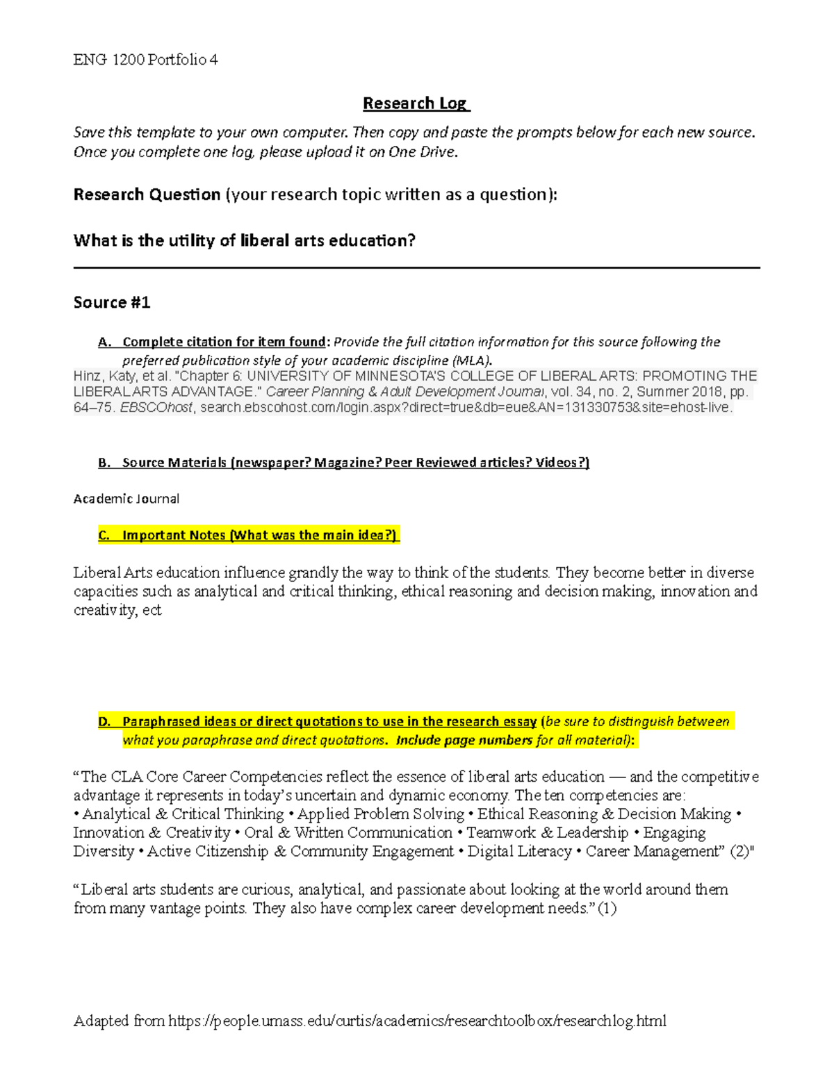 Research Log 5 - ENG 1200 Portfolio 4 Research Log Save this template ...