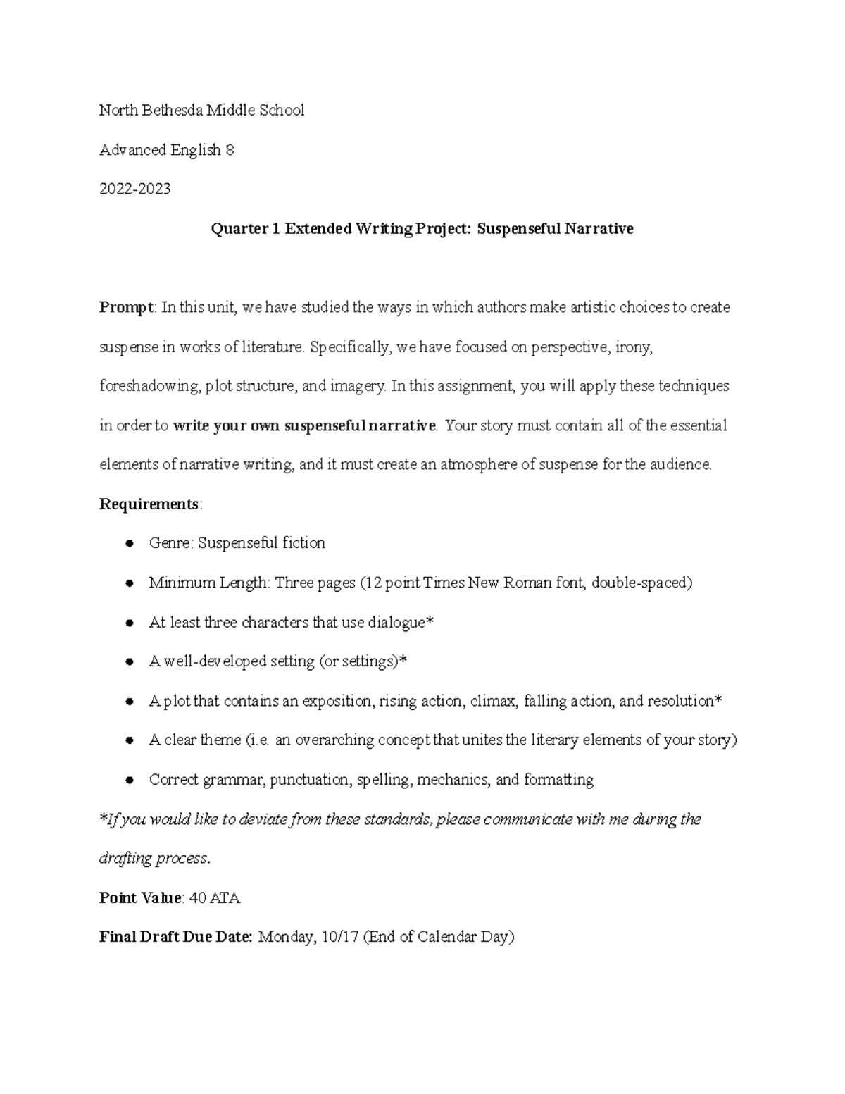 Suspenseful Narrative Assignment Sheet - North Bethesda Middle School ...