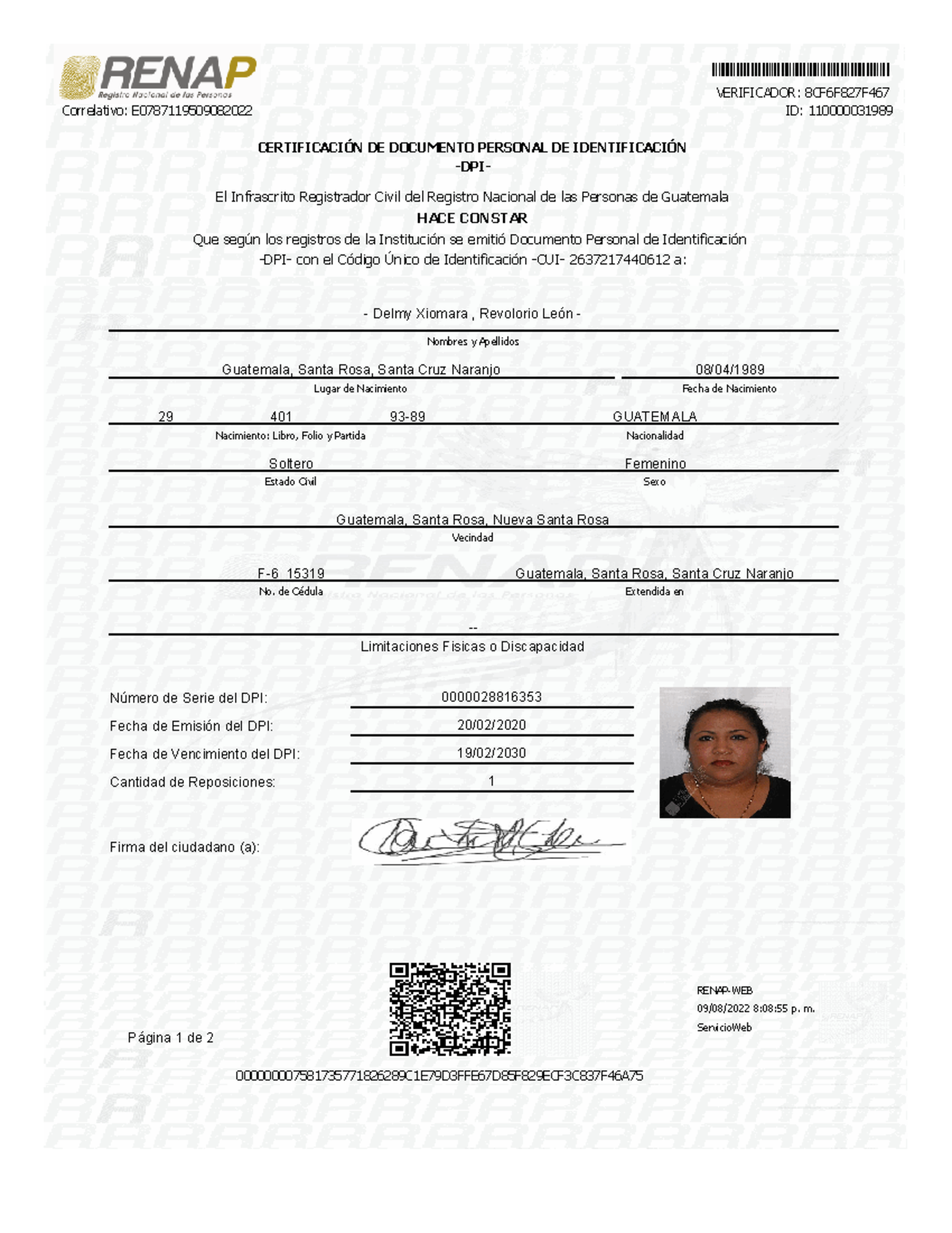 Certificacion - Certificación del Renap - CERTIFICACIÓN DE DOCUMENTO PERSONAL DE IDENTIFICACIÓN ...