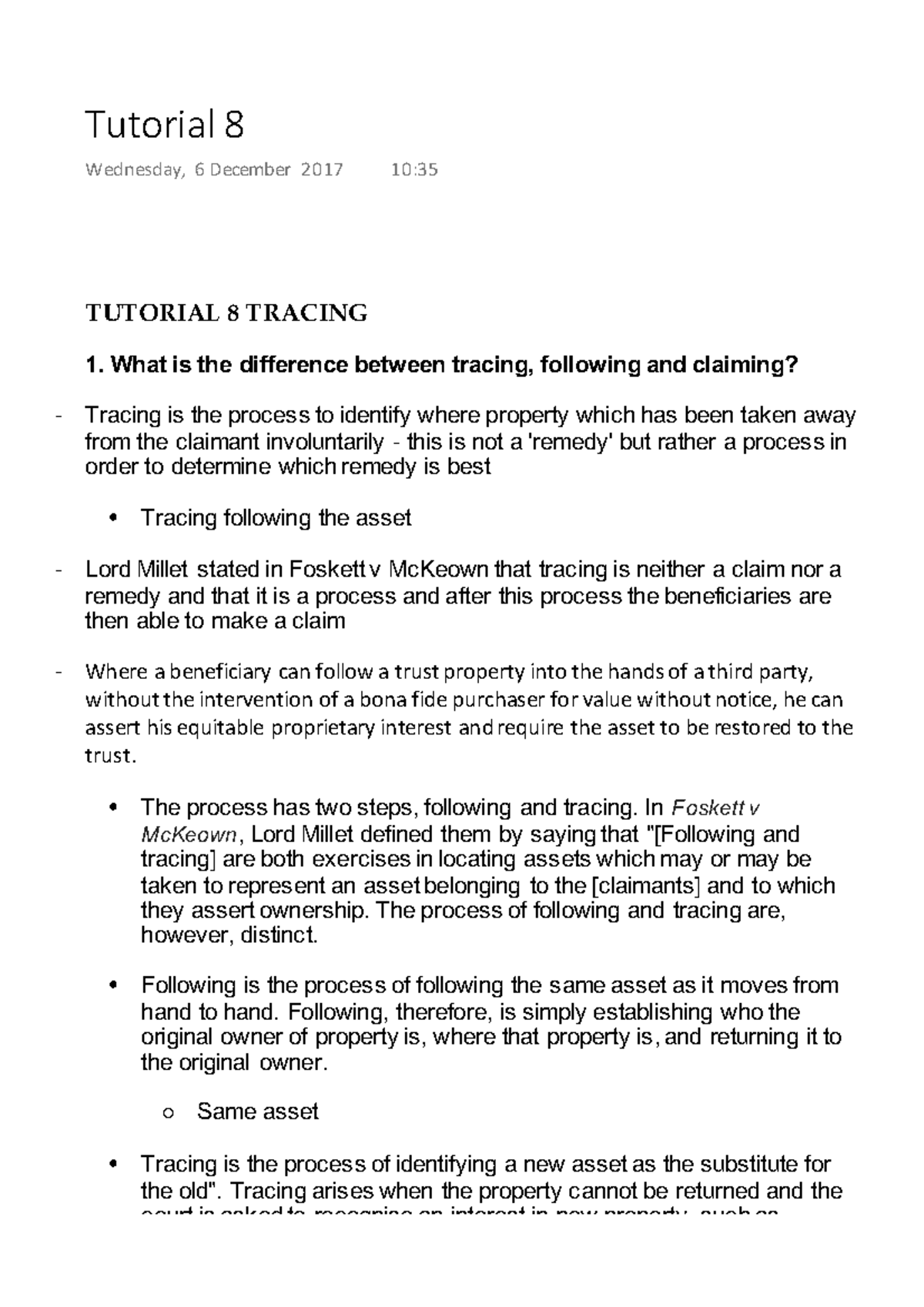 Property law Tutorial 8 - TUTORIAL 8 TRACING 1. What is the difference ...