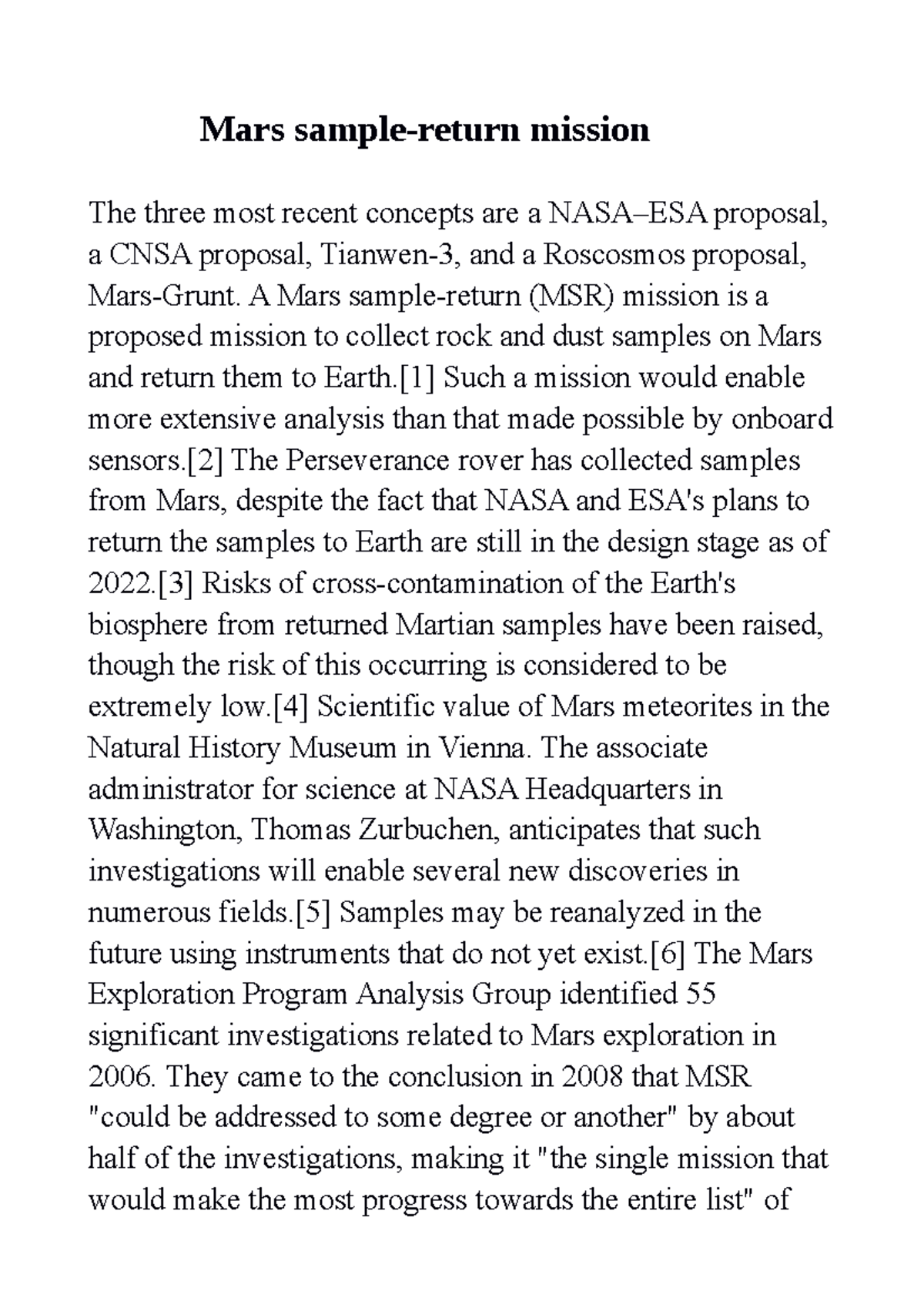 Mars sample-return mission - A Mars sample-return (MSR) mission is a ...