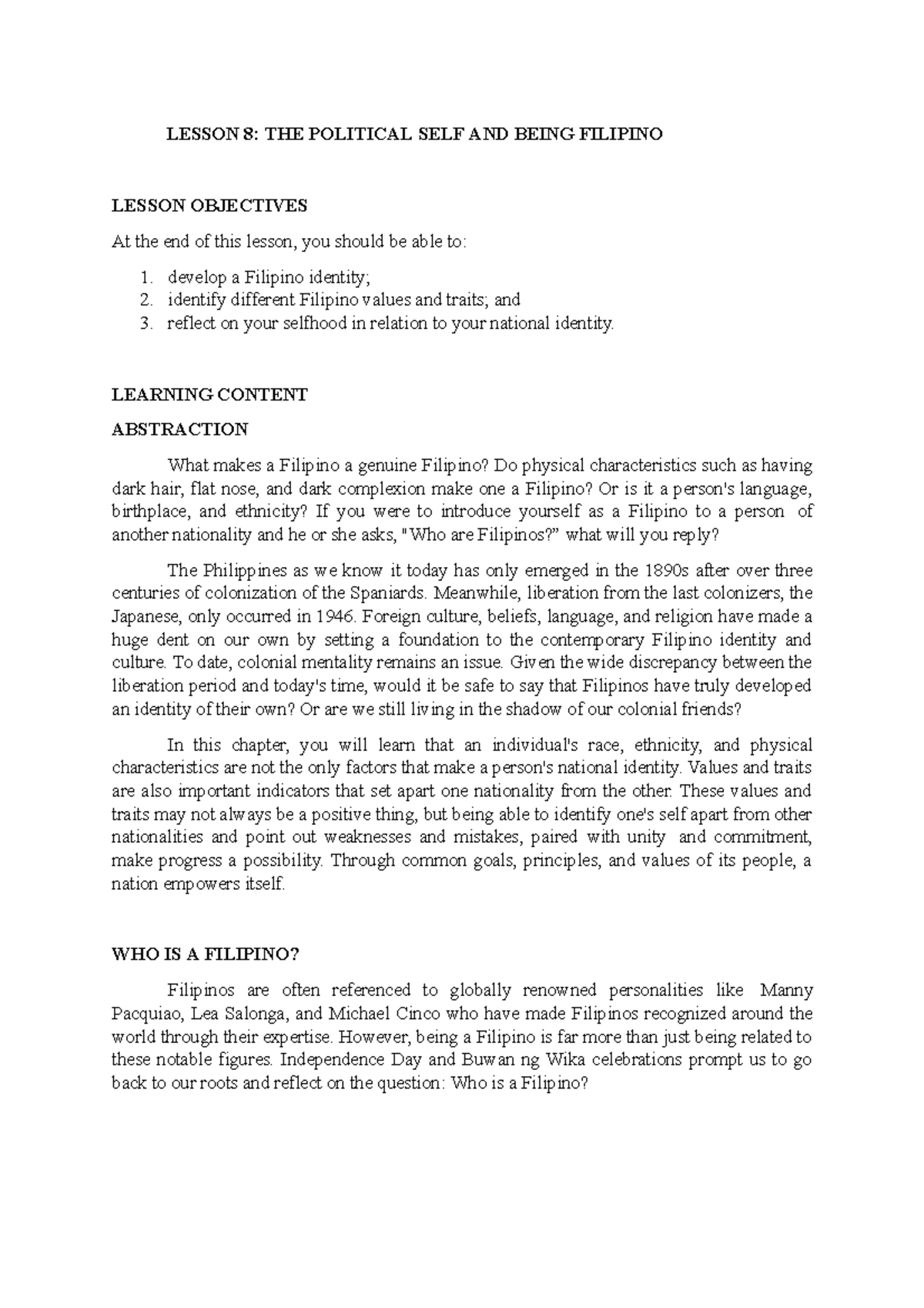 Module 8 Political Self and Being a Filipino - LESSON 8: THE POLITICAL ...