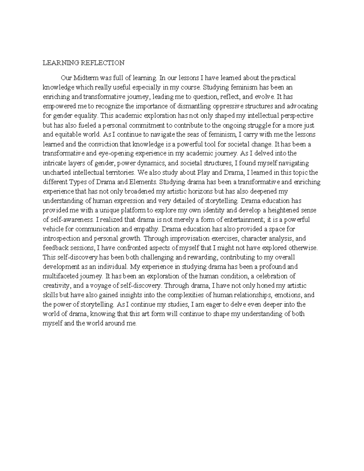 Learning Reflection - LEARNING REFLECTION Our Midterm was full of learning. In our lessons I ...