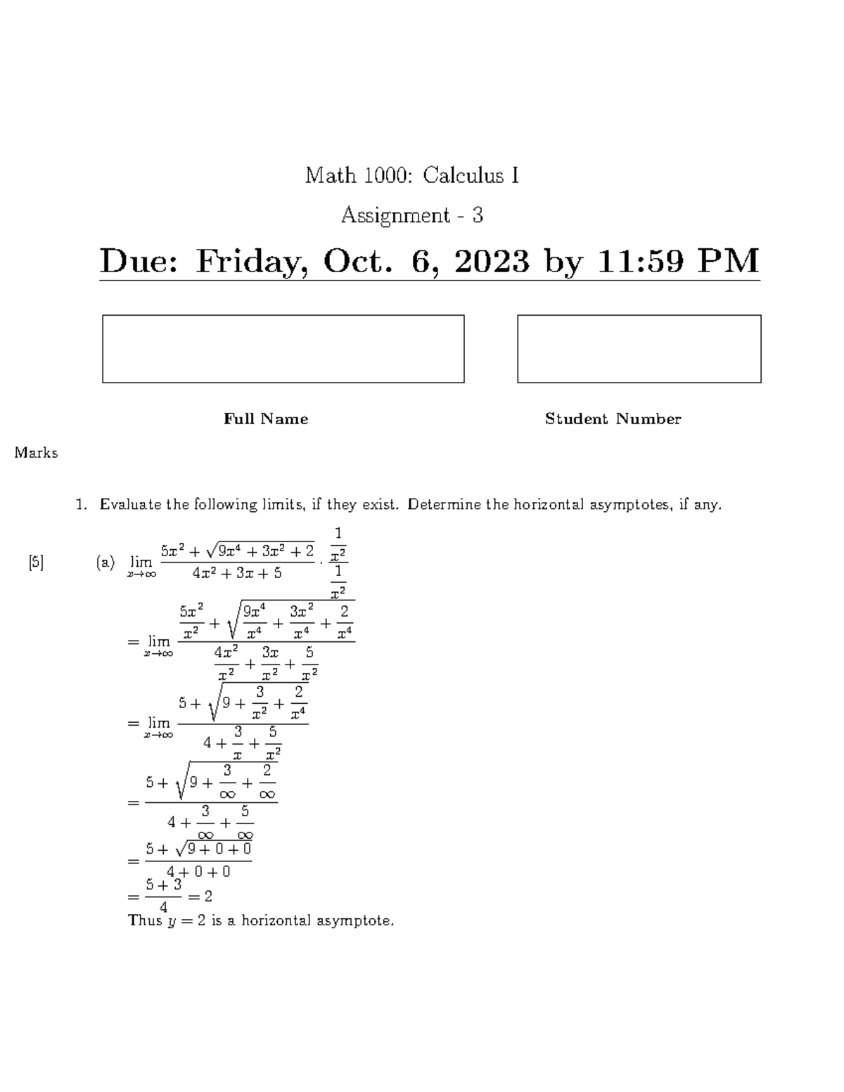 MATH 1000 - Assignment-3-Solns - Math 1000: Calculus I Assignment - 3 ...