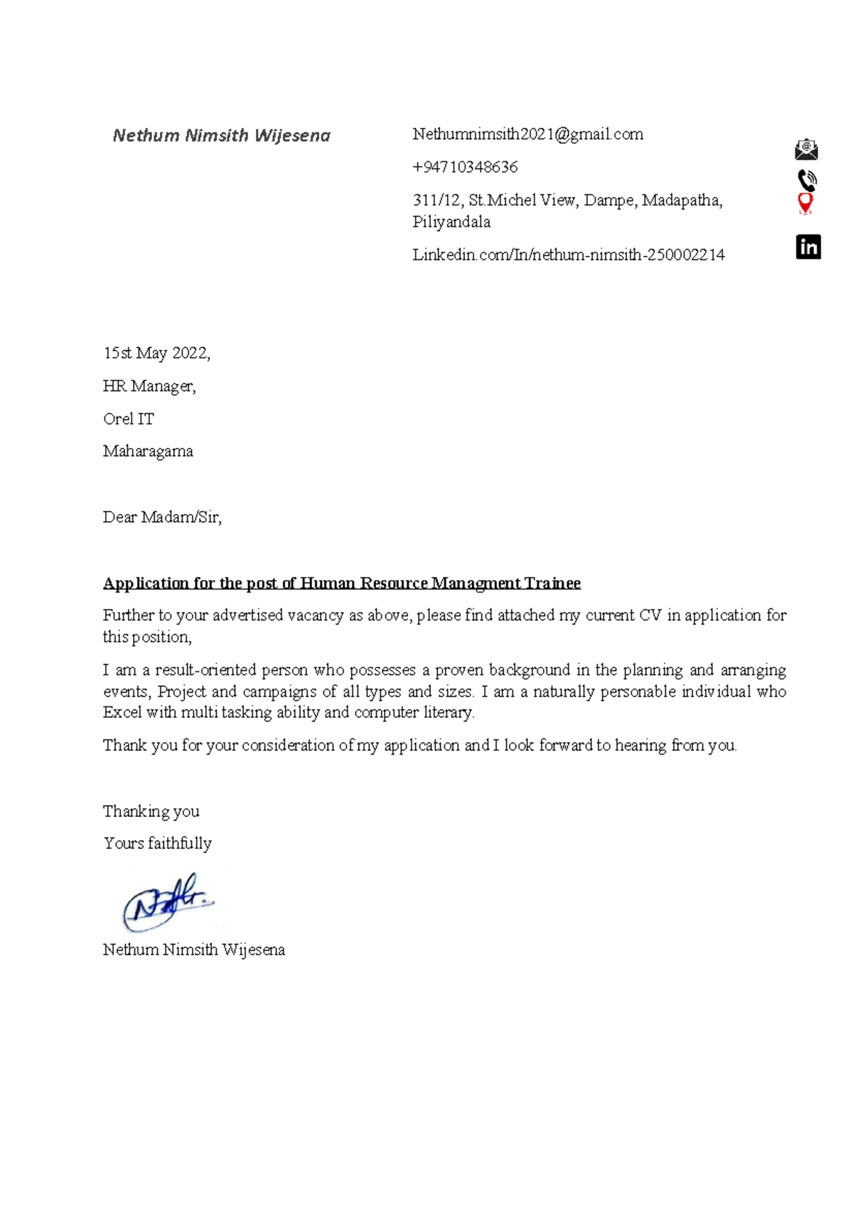 Covering letter John Keells - Nethumnimsith2021@gmail + 311/12, St View ...