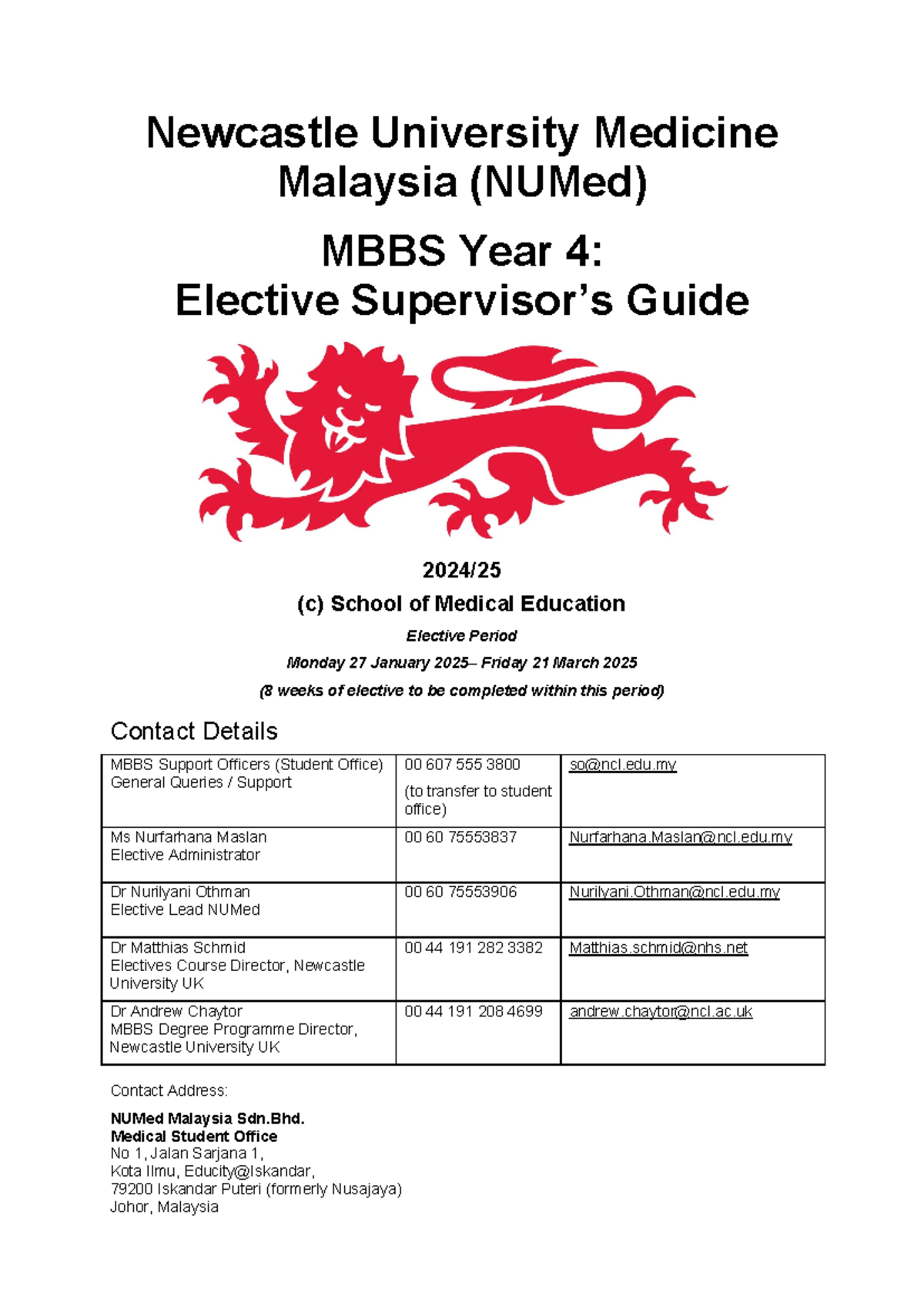 Elective Supervisors Guide 2024-25 NUMed - Newcastle University ...