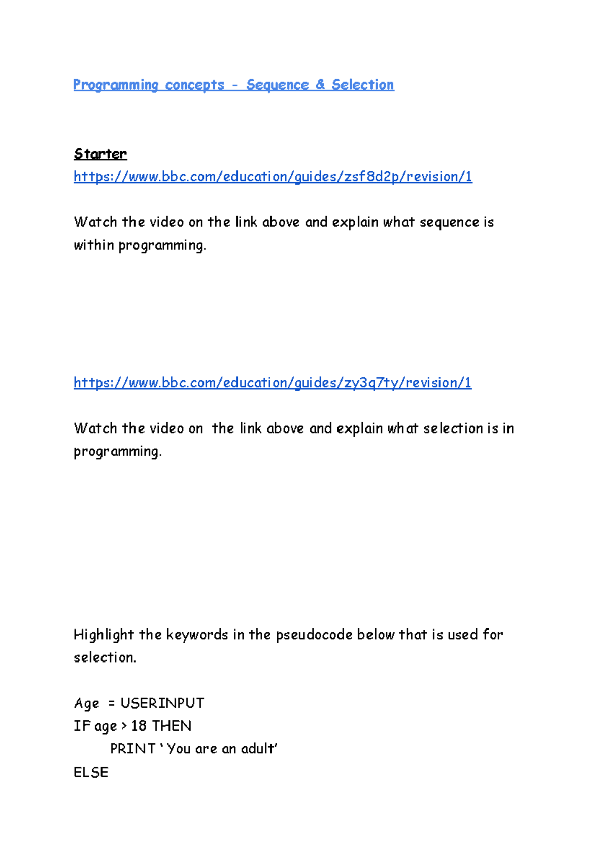 Programming-concepts-Sequence-Selection - Programming concepts - Sequence & Selection Starter ...