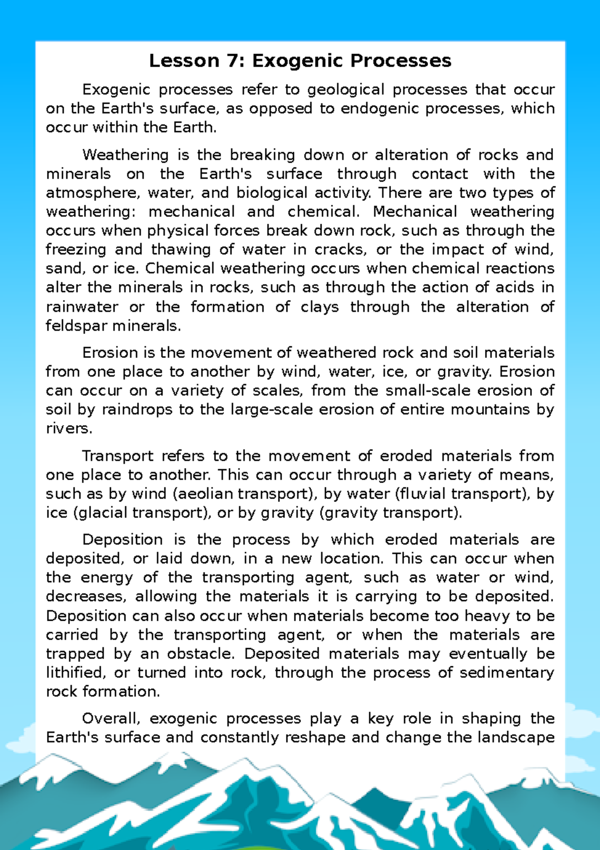 Earth Sci Summary - zxcv - Lesson 7: Exogenic Processes Exogenic ...