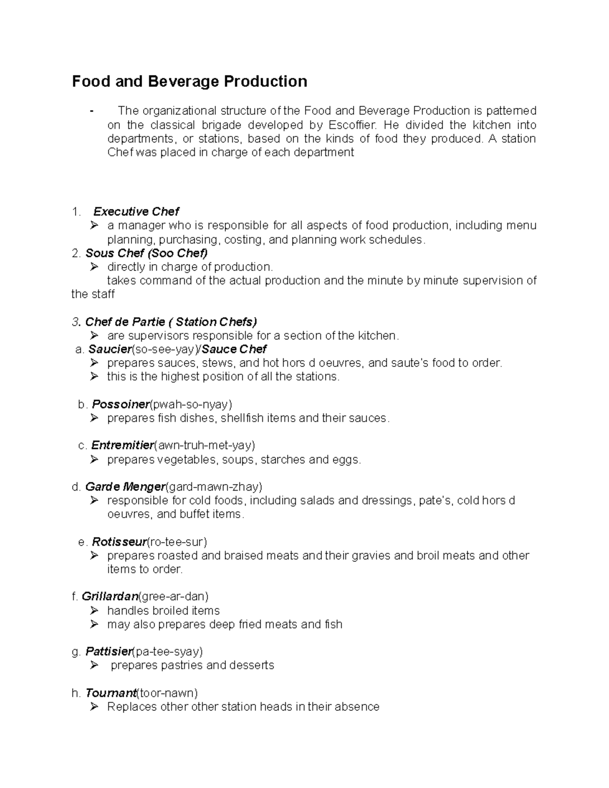 Food and Beverage Production and Welcoming guests procedure - Food and ...