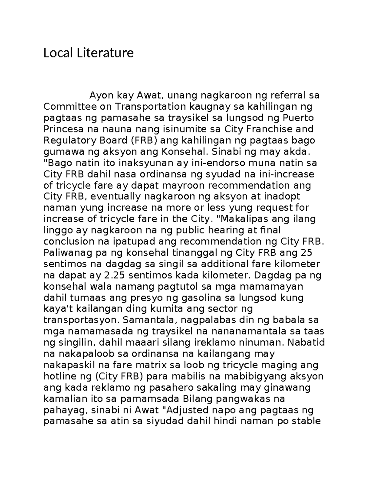 Local Literature - tagalog - Local Literature Ayon kay Awat, unang ...