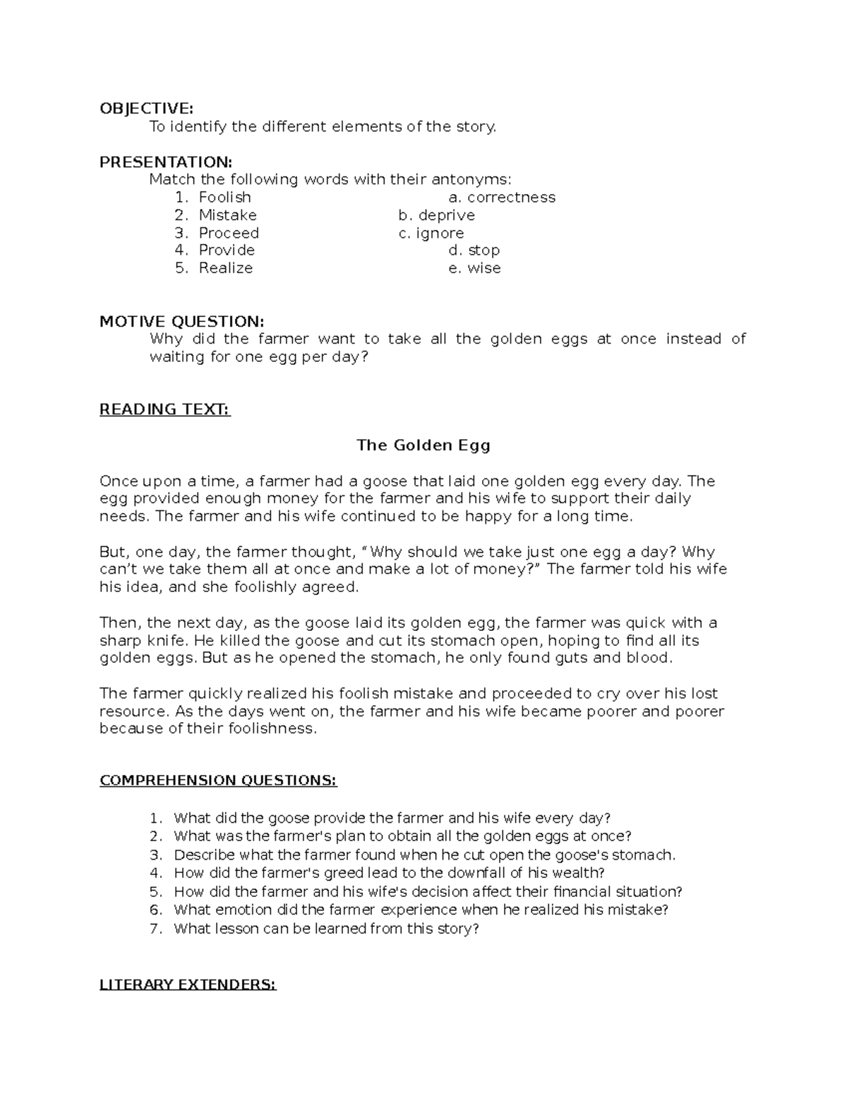 G7 Reading DAY 7 - OBJECTIVE: To identify the different elements of the ...