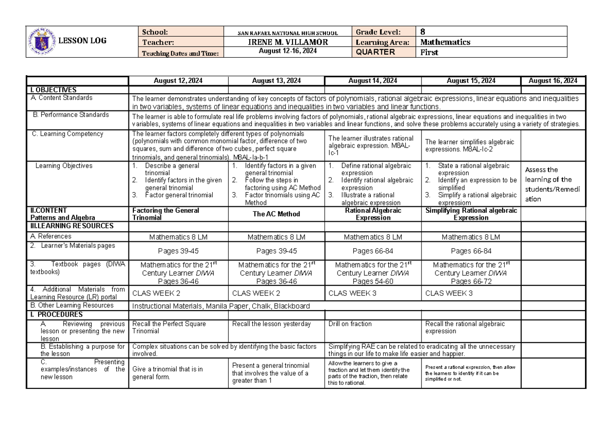 DLL Math 8 2024-2025 w3 - lesson log in Math 8 week 3 - DAILY LESSON ...