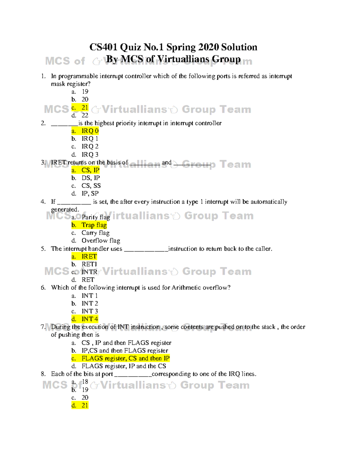 CS401 Quiz 1 by MCS of Virtuallians - CS401 Quiz No Spring 2020 Solution By MCS of Virtuallians ...