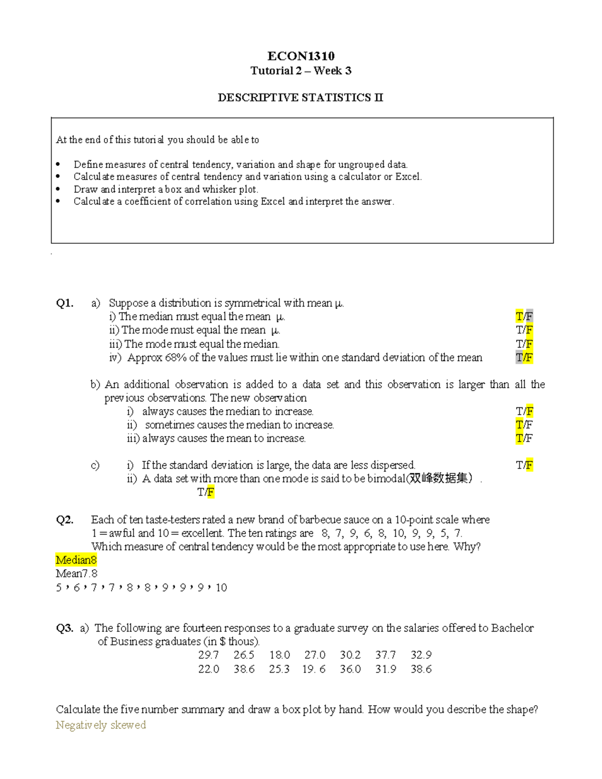 Econ1310 Tutorial 2 Econ Tutorial 2 Week 3 Descriptive Statistics Ii At The End Of This