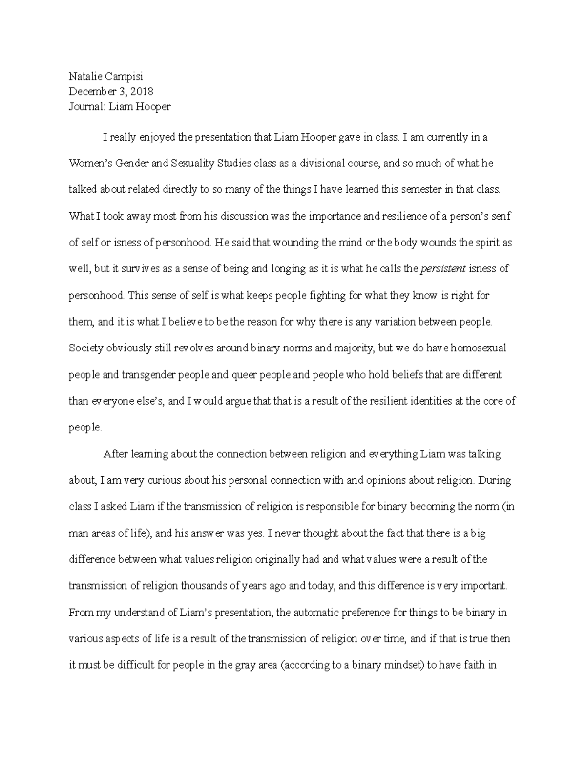 Journal: Liam Hooper - Grade: A - Natalie Campisi December 3, 2018 ...