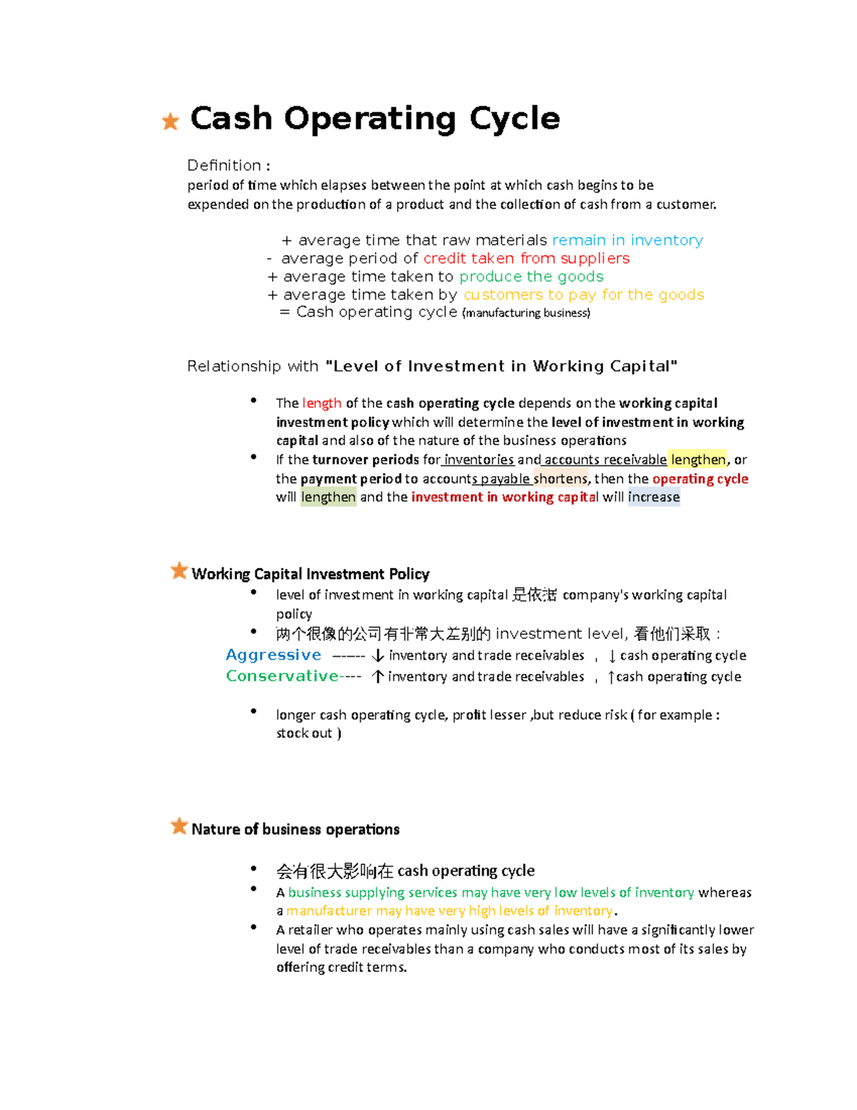 Cash Operating Cycle - Its just the notes i made myself which i think ...