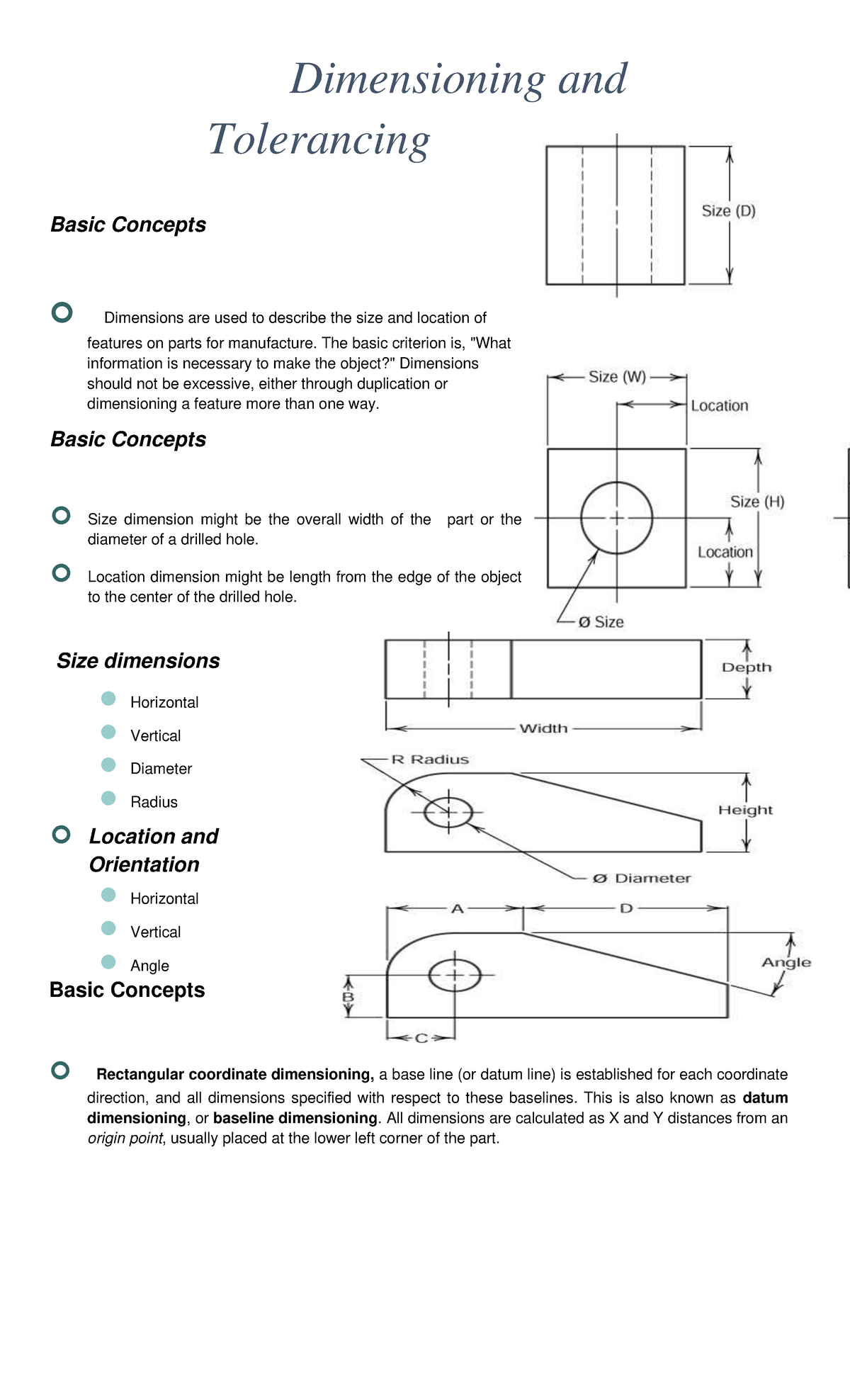 Dimensioning and Tolerancing Part 2 - Dimensioning and Tolerancing Basic Concepts Dimensions are ...