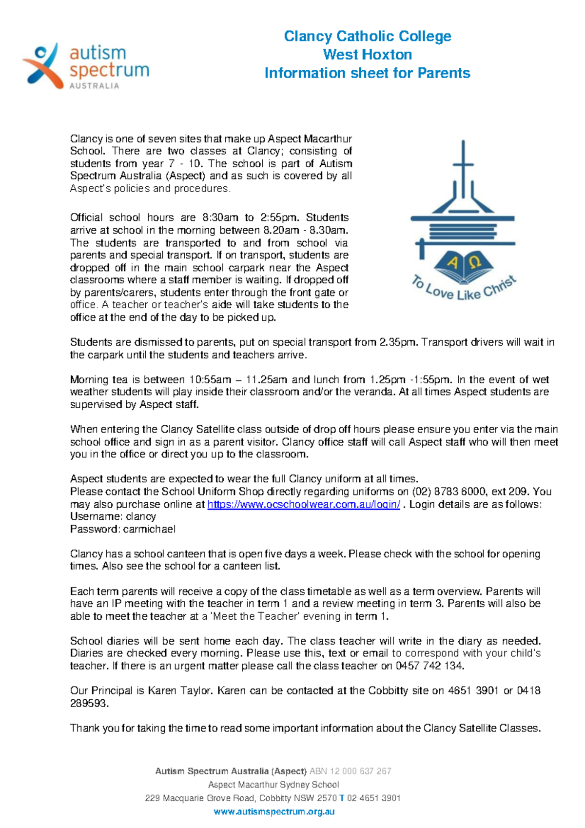 Clancy Site Information Sheet 2021 Minto - Clancy Catholic College West ...