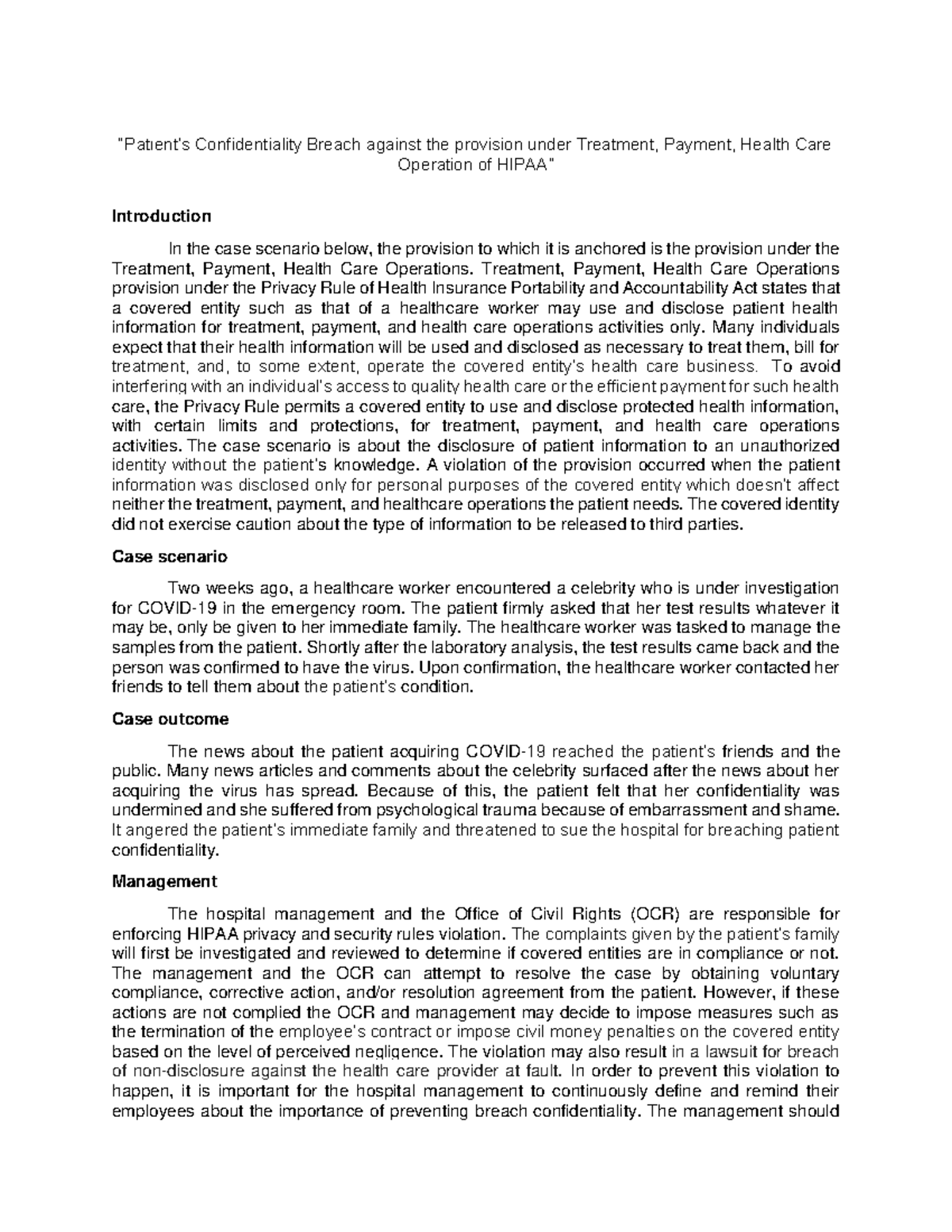 Case scenario Hipaa - Ezra Marie F. Deypalubos MLS-2H/2B June 29, 2020 ...