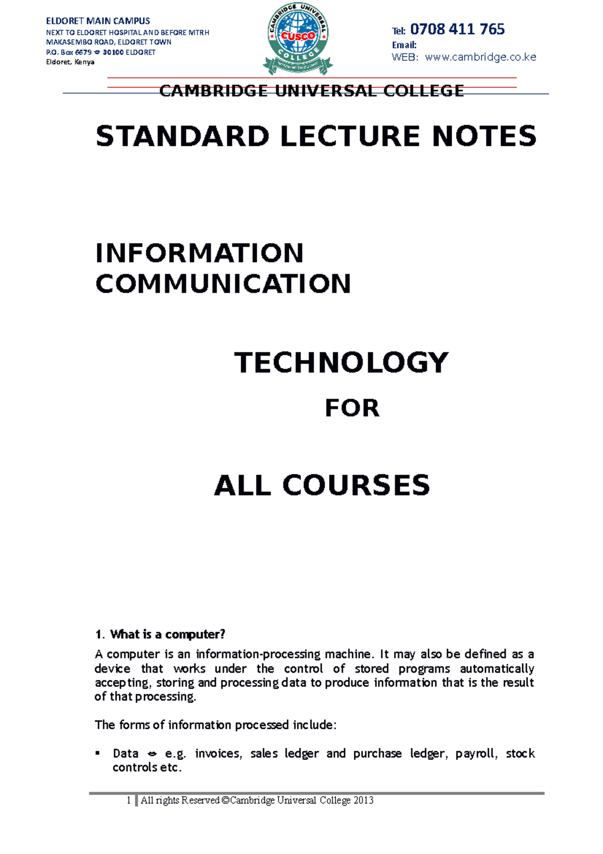 Information Communication Technology - STANDARD LECTURE NOTES ...