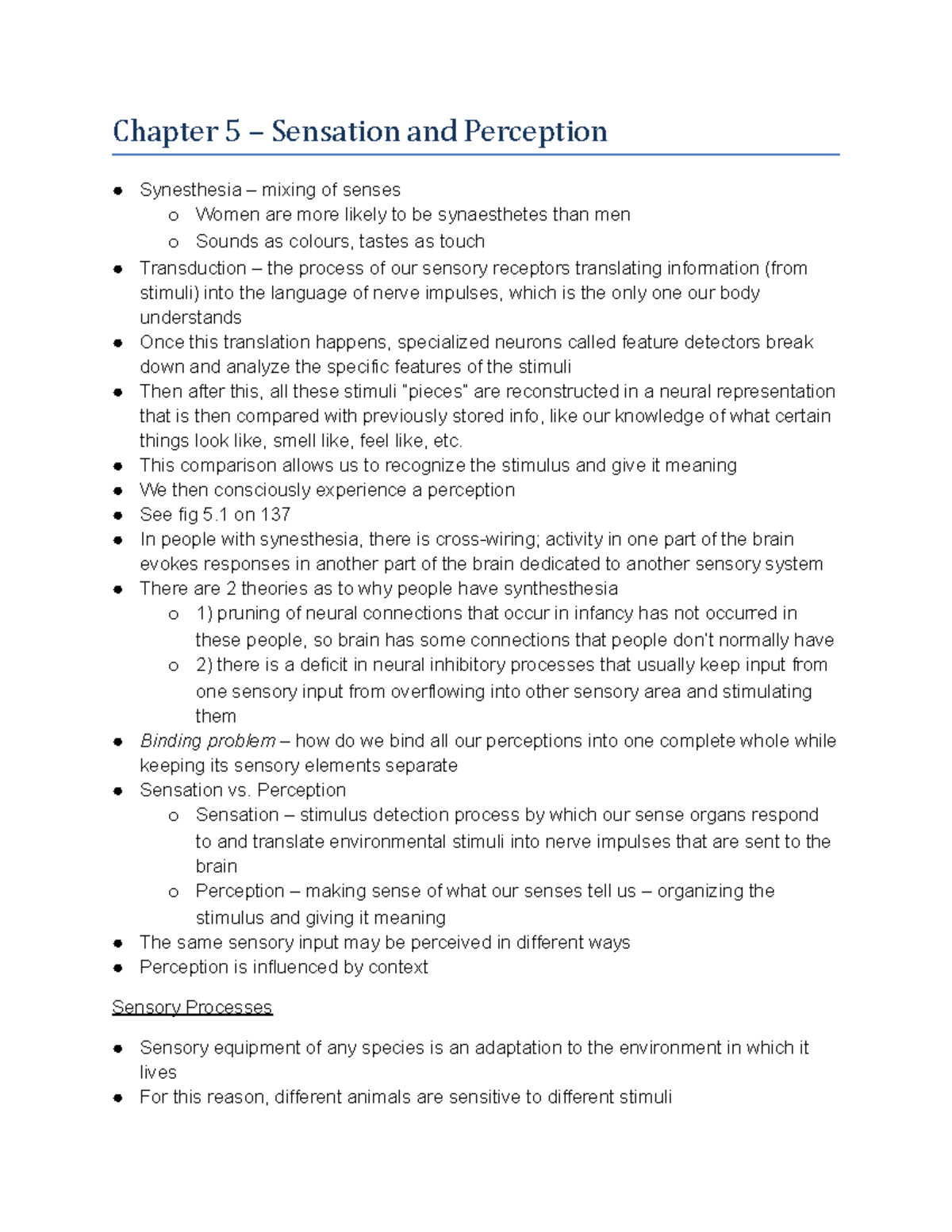 Psych - Chapter 5 - Chapter 5 – Sensation and Perception Synesthesia ...