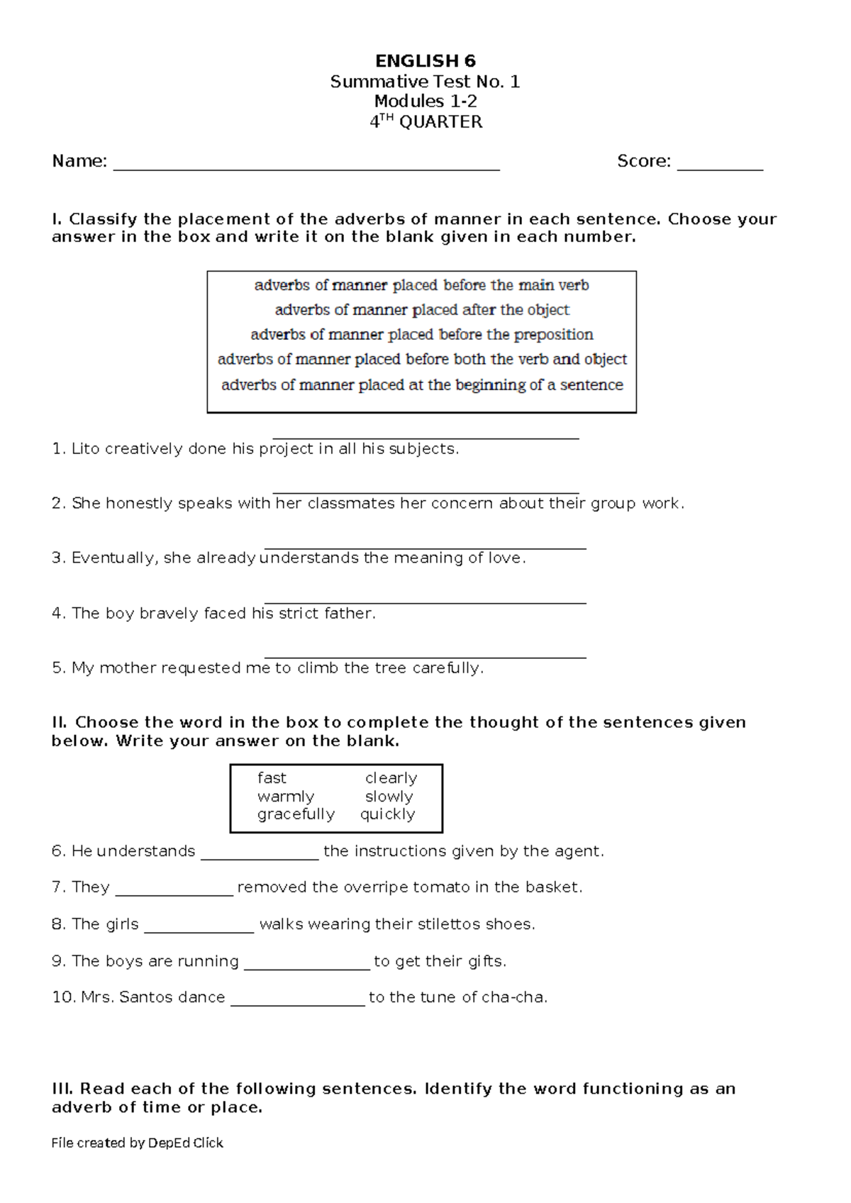 ENG6 ST1 Q4 - Exercises - ENGLISH 6 Summative Test No. 1 Modules 1- 4 ...