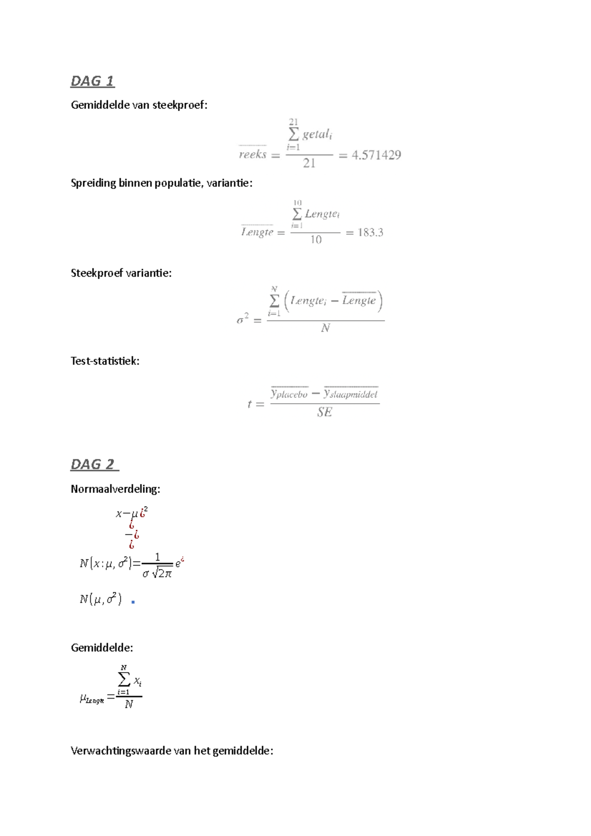 Formules statistiek - College-aantekeningen - DAG 1 Gemiddelde van ...