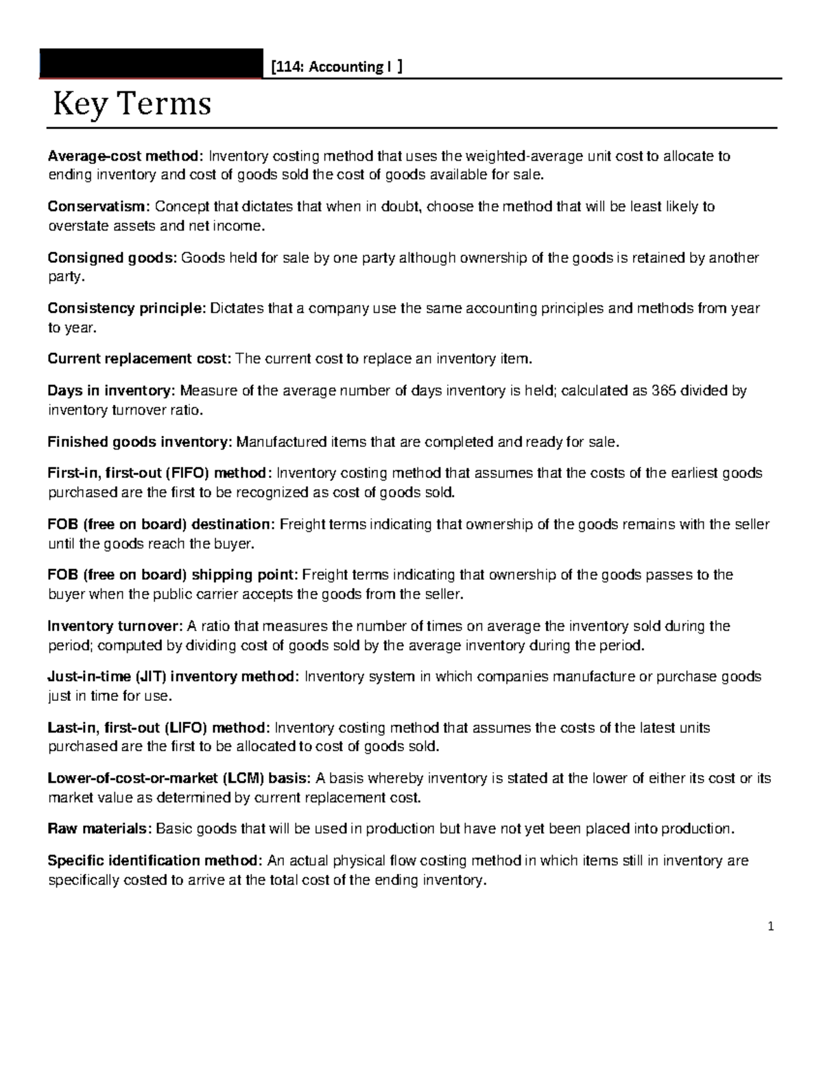 114 u9terms - unit 9 key terms - Key Terms Average-cost method ...