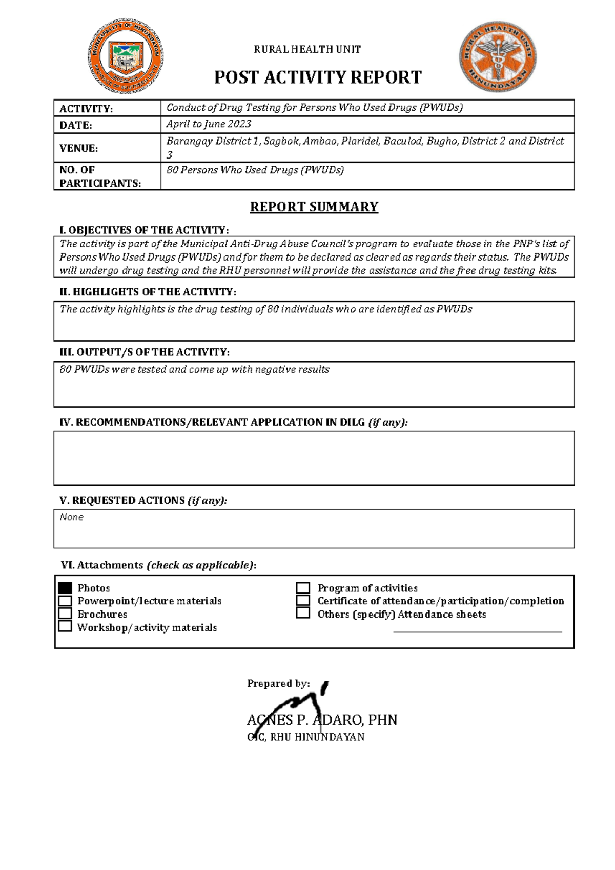 Post-Activity-Report rhu DRUG Testing PWUDs - RURAL HEALTH UNIT POST ...