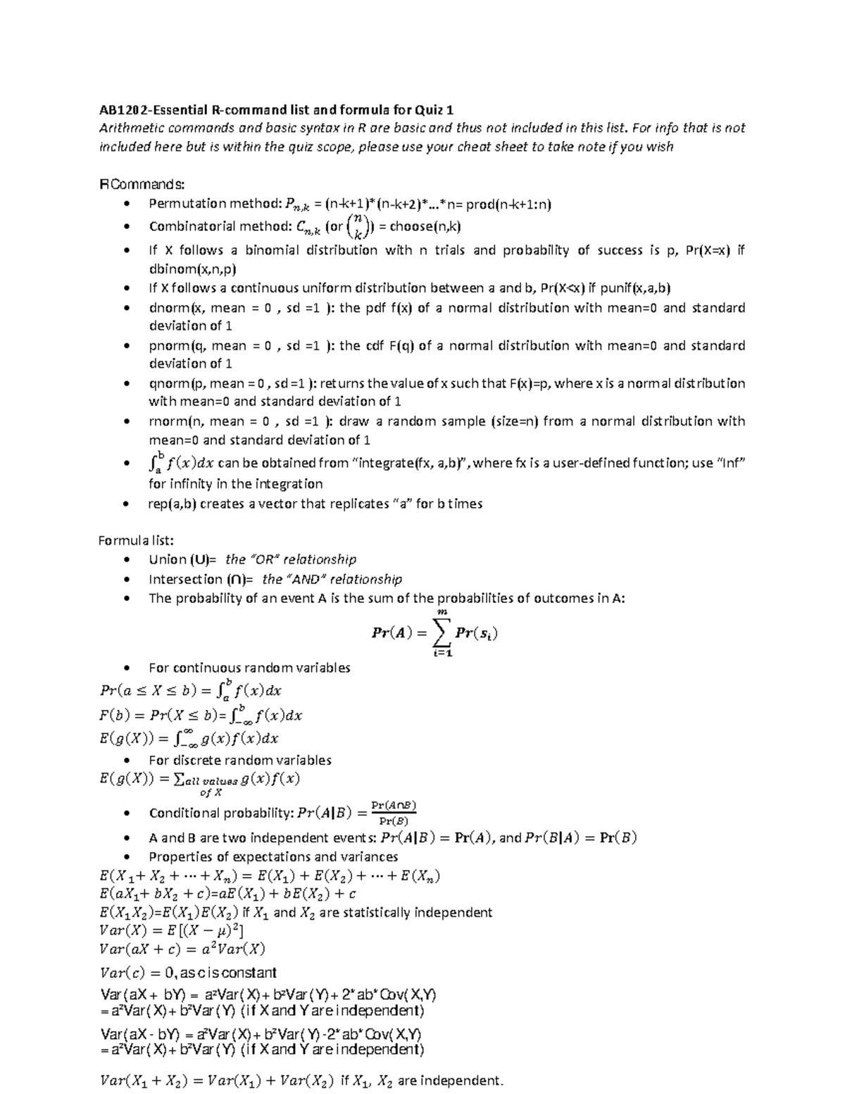 Quiz 1 formula sheet - AB1202-Essential R-command list and formula for Quiz 1 Arithmetic ...