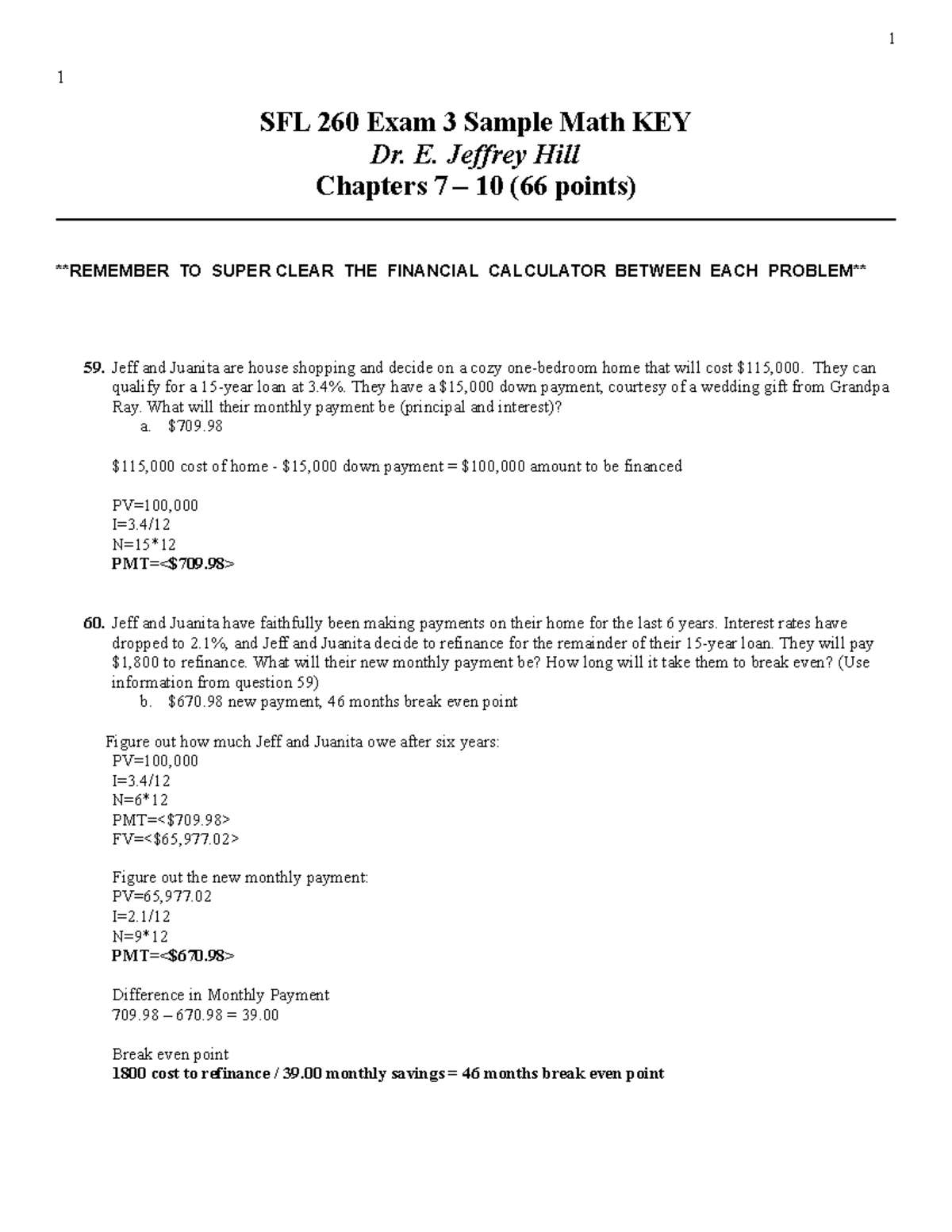SFL 260 Exam 3 Sample Math Key - 1 1 SFL 260 Exam 3 Sample Math KEY Dr ...
