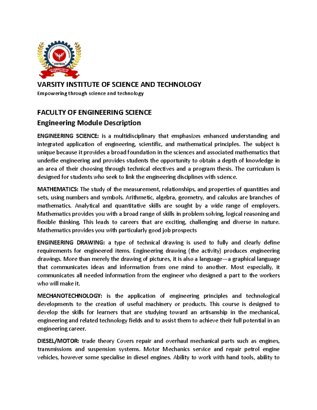 Engineering Module Description - VARSITY INSTITUTE OF SCIENCE AND ...