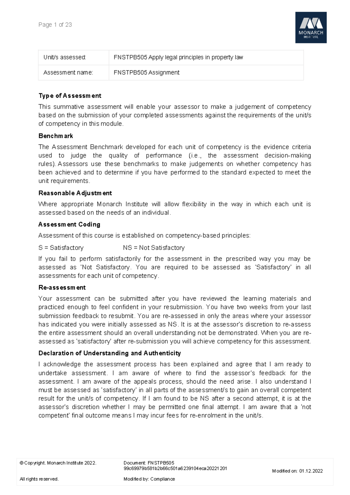 Timothy Donald Finlay Fnstpb 505 Assessment - Unit/s assessed ...