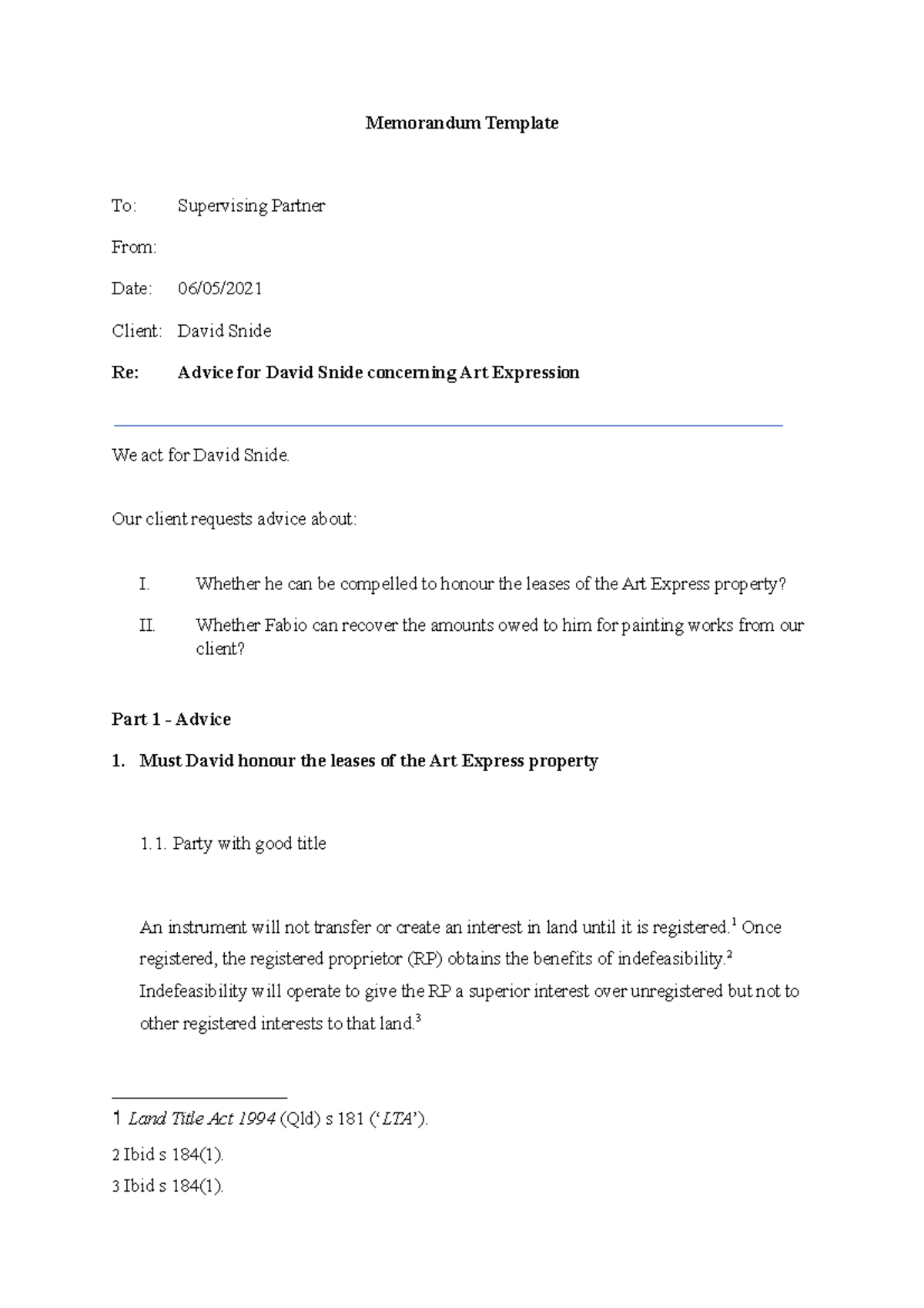 LLB301 Memorandum Template - Memorandum Template To: Supervising ...