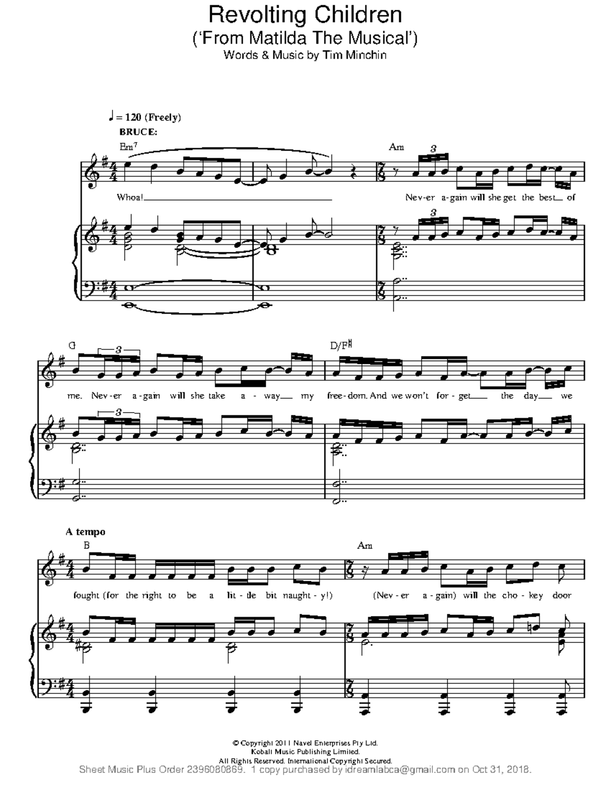 Revolting Matilda - Sheet music - Words & Music by Tim Minchin q = 120 ...
