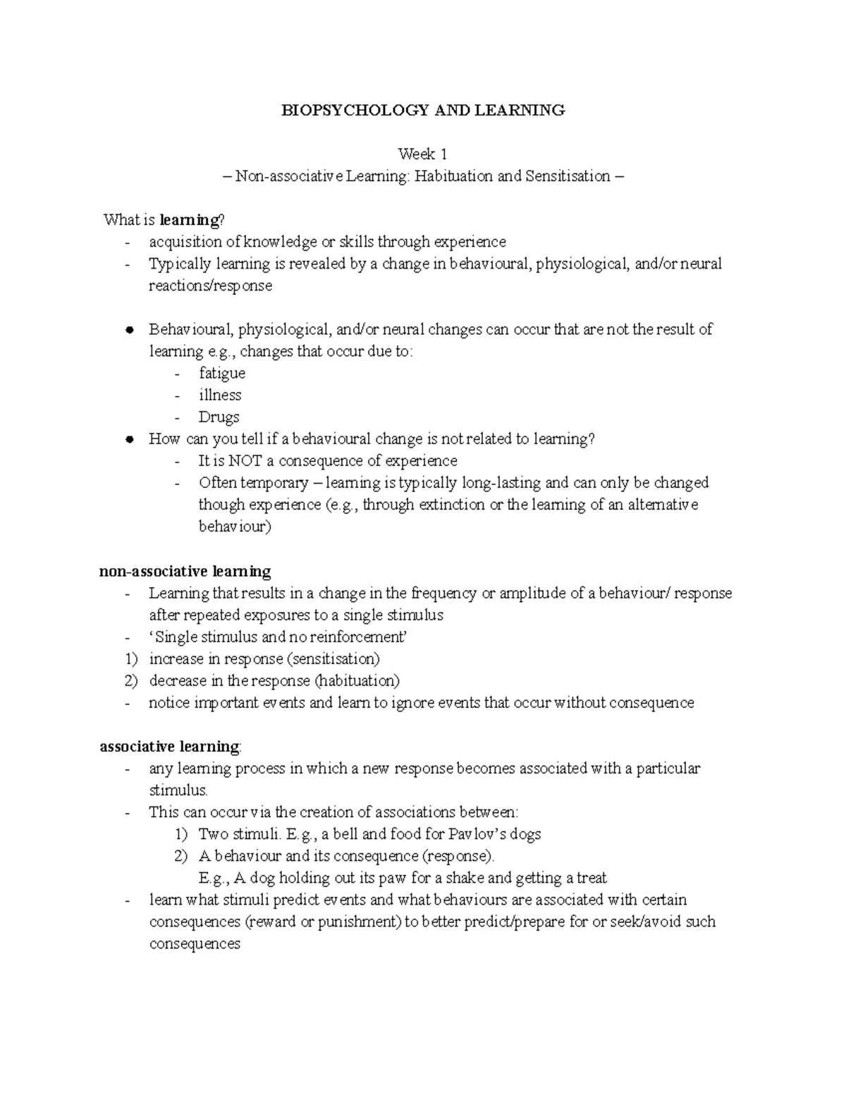 PSYU2236-lecture notes - BIOPSYCHOLOGY AND LEARNING Week 1 Non ...