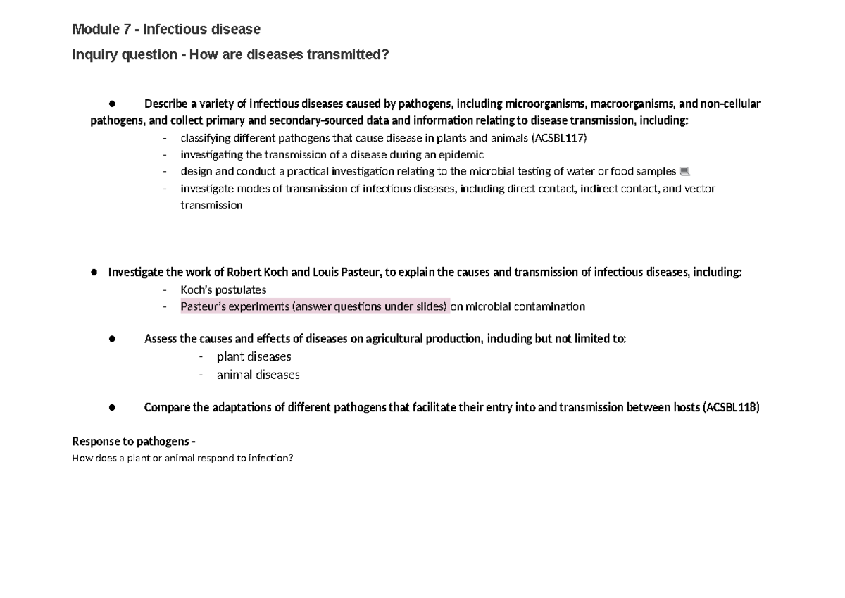 BIO Notes - Module 7 - Infectious disease Inquiry question - How are ...
