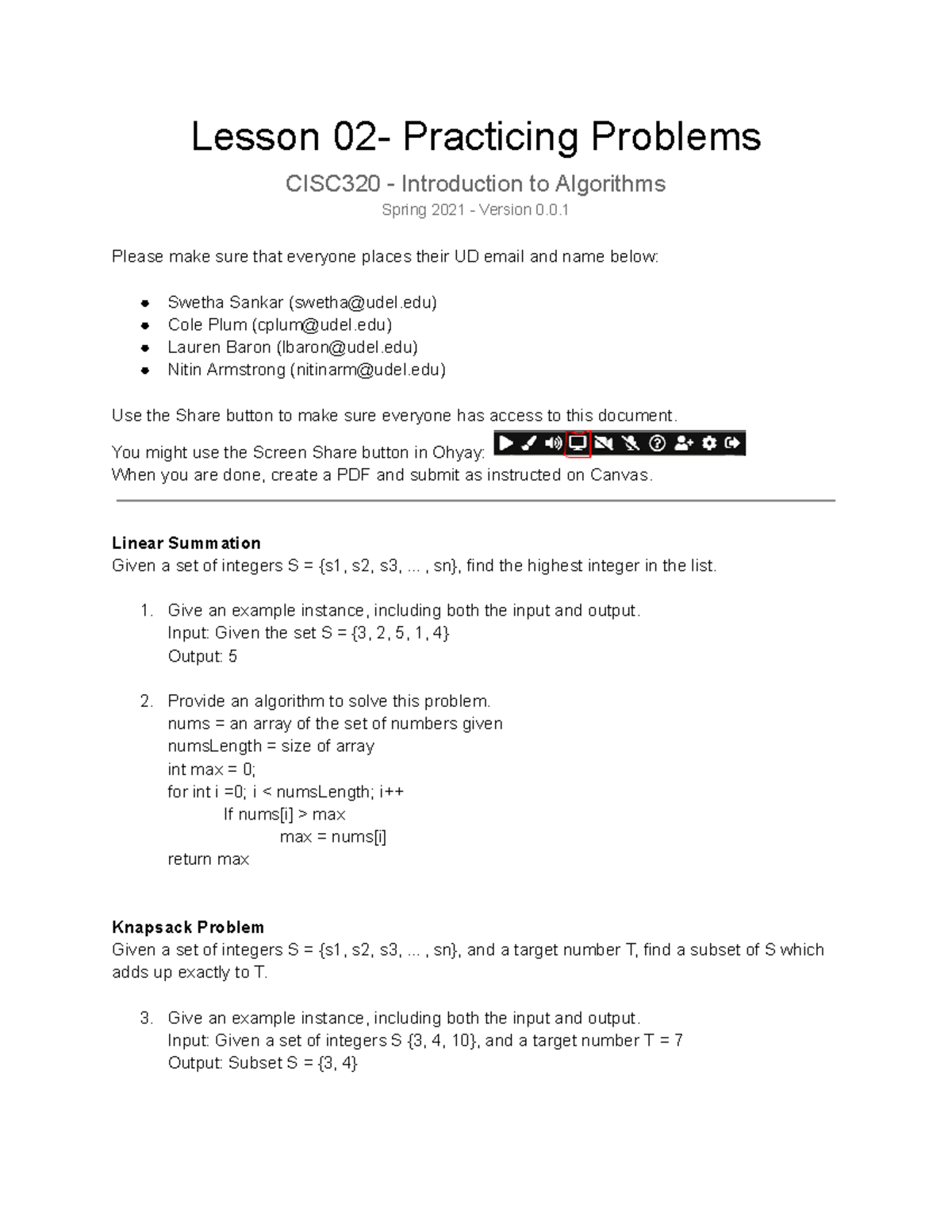 Practicing Problems 320 Lesson 02 Practicing Problems Cisc320 Introduction To Algorithms