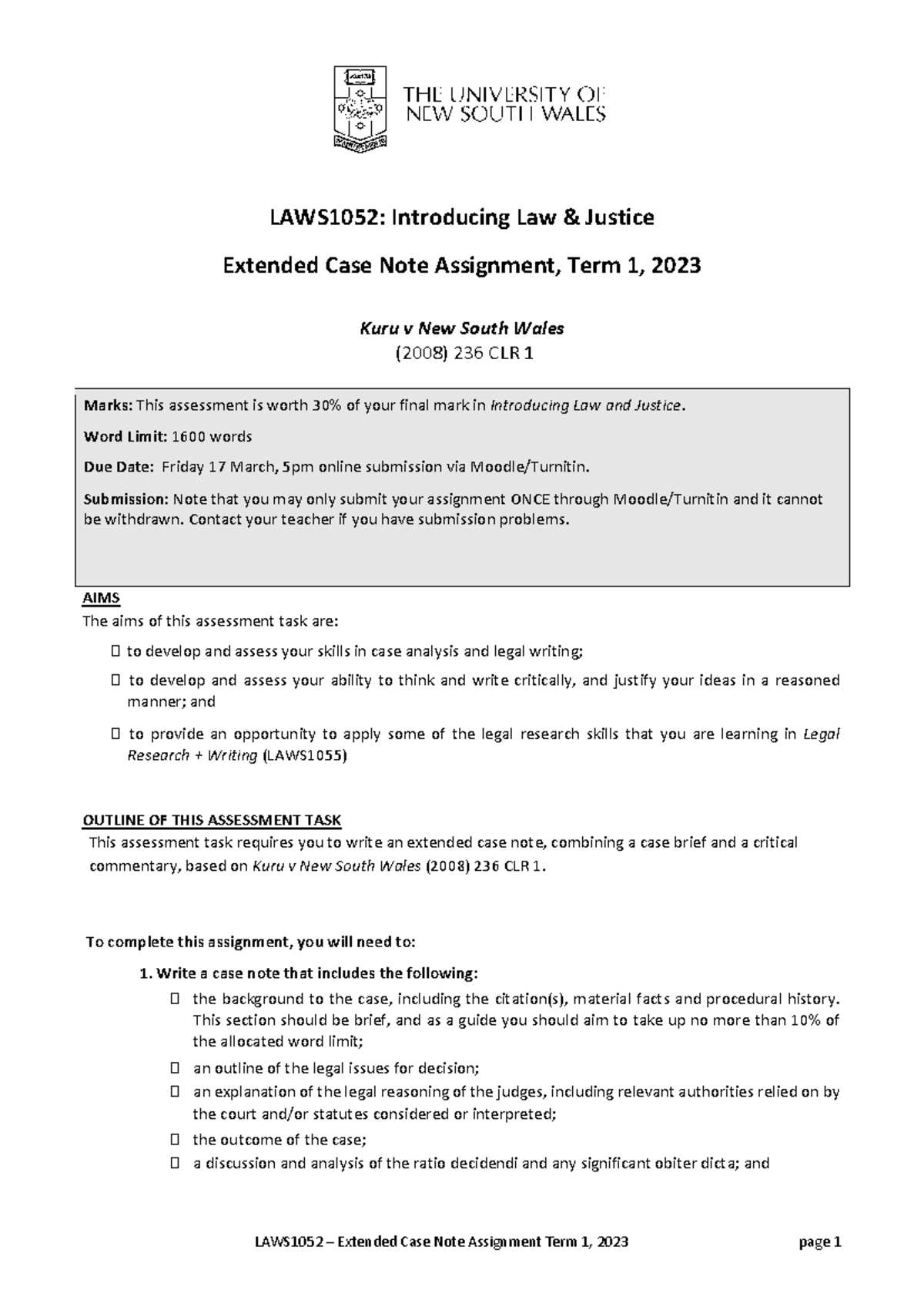 Extended casenote assignment T1 2023 - LAWS1052: Introducing Law ...