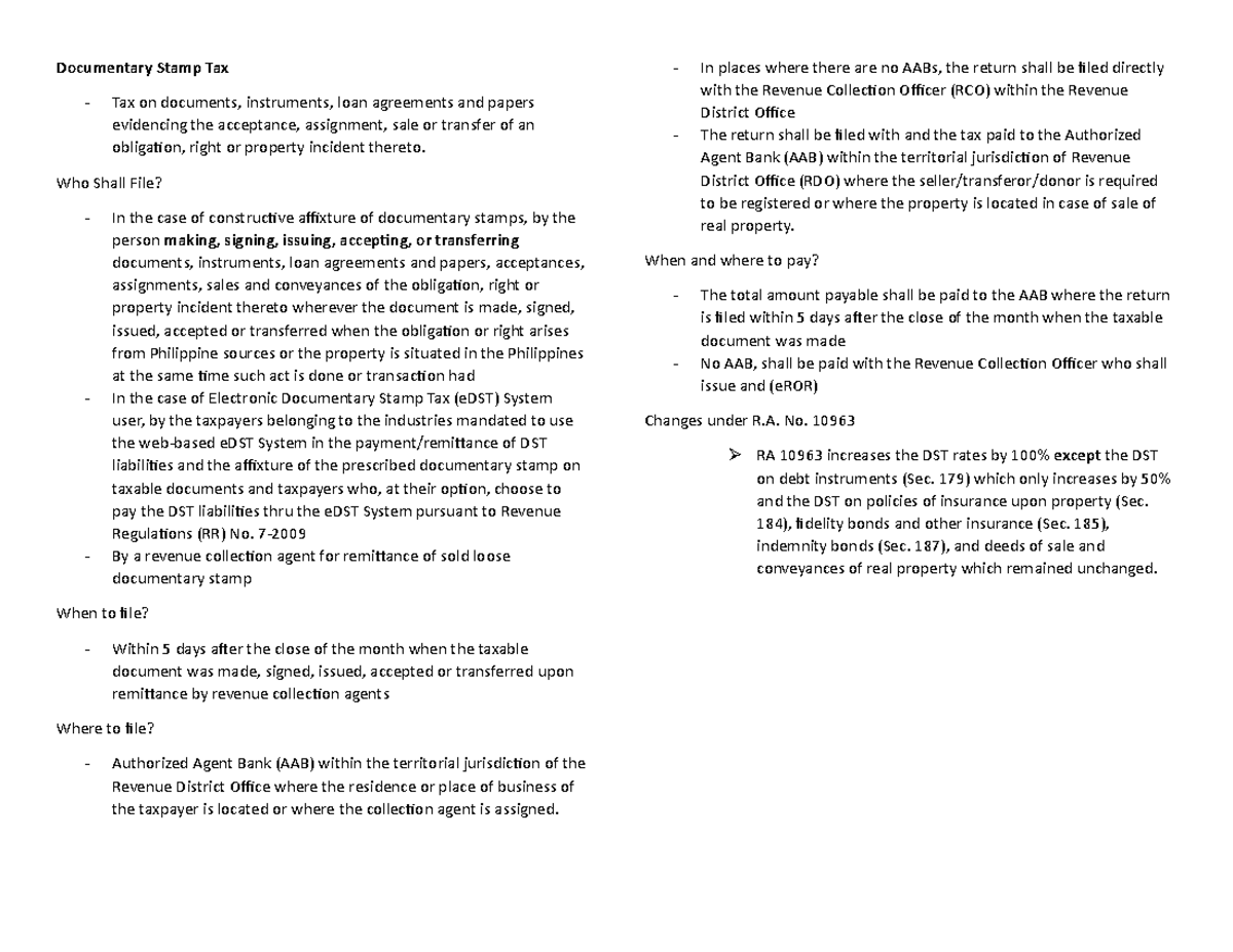 Documentary Stamp Tax - Documentary Stamp Tax Tax on documents ...