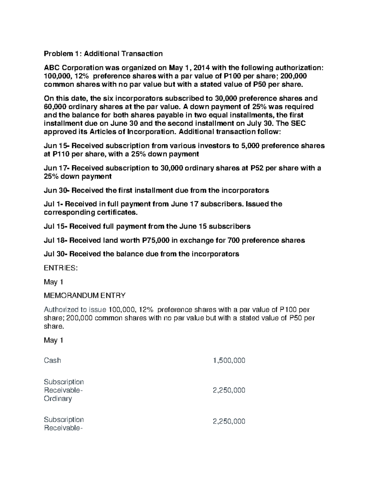 Corporation Accounting Equity Transaction Assignment - Problem 1: Additional Transaction ABC ...