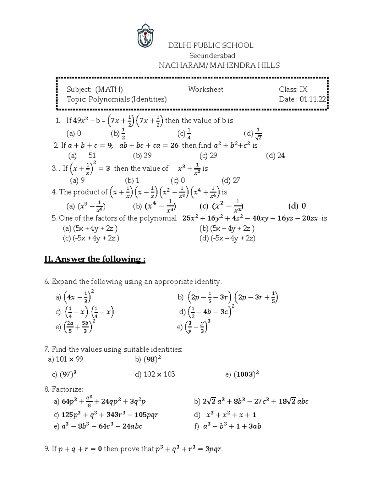 Polynomials worksheet - DELHI PUBLIC SCHOOL Secunderabad NACHARAM ...