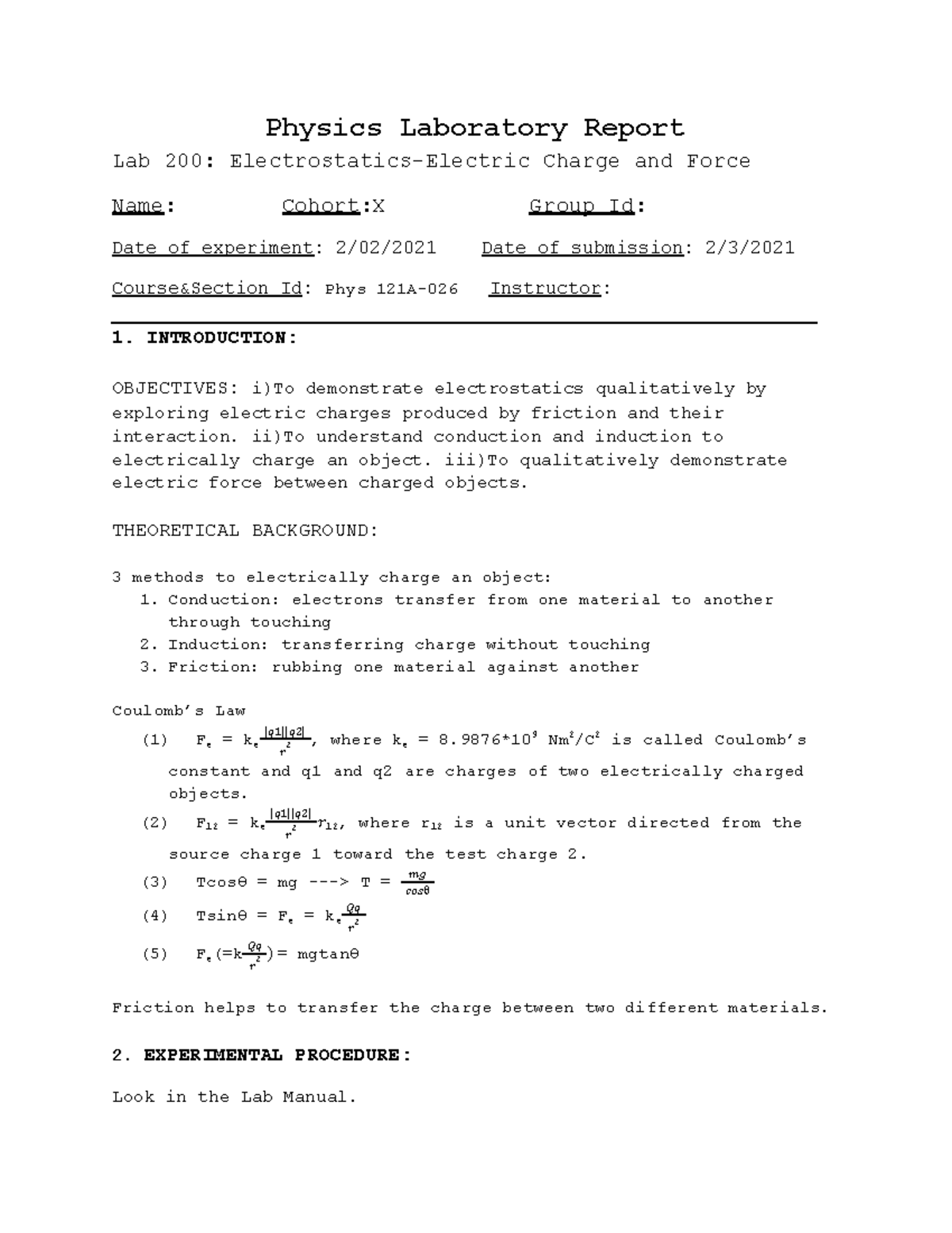 Physics Lab121 Report 200 - Physics Laboratory Report Lab 200 ...