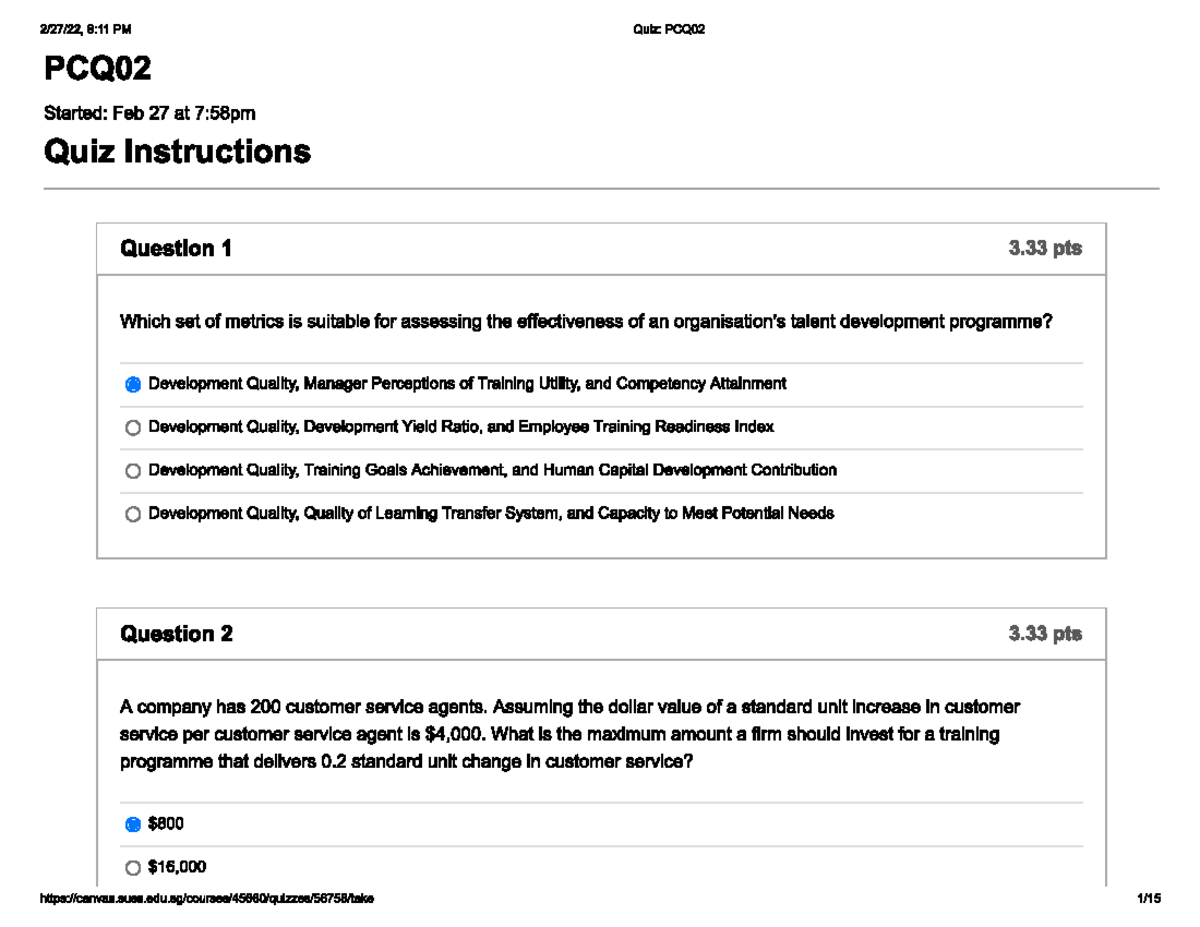Human Capital Pre course quiz 02 - HRM319 - Studocu