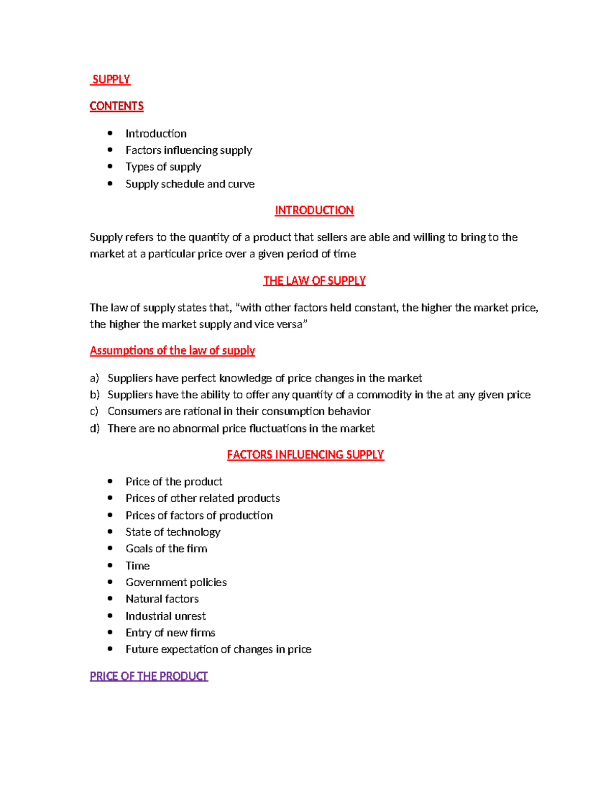 Supply - entrepreneurship lecture - SUPPLY CONTENTS Introduction ...