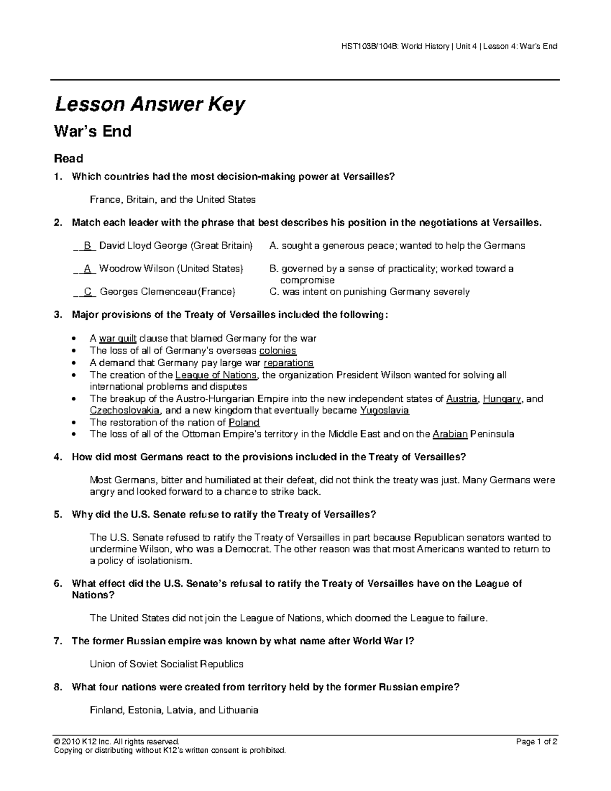 War’s End - History assignment completed all questions answered ...